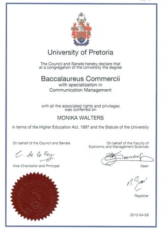 B-Comm Certificate with Transcripts_University of Pretoria | PDF