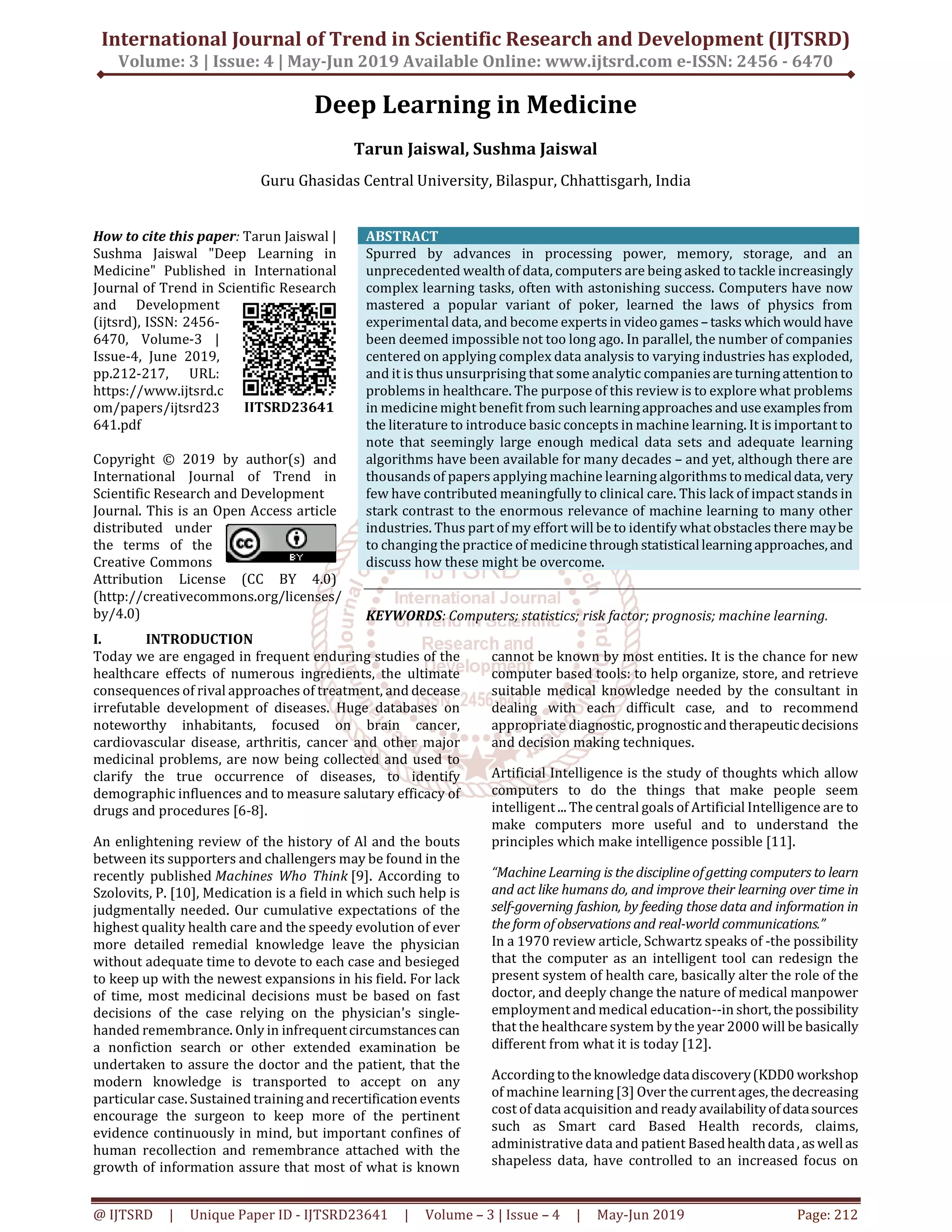 Deep Learning in Medicine | PDF