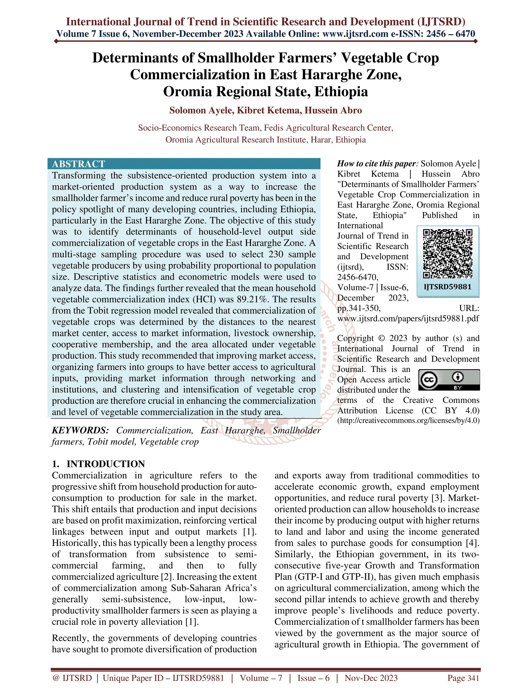 Determinants of Smallholder Farmers’ Vegetable Crop Commercialization ...