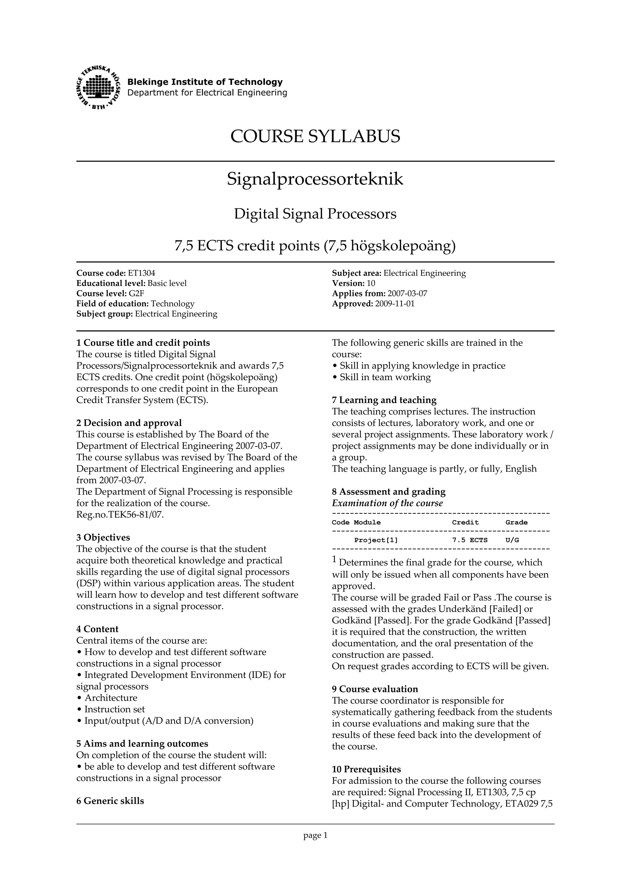Syllabus-ET1304-Digital Signal Processors | PDF