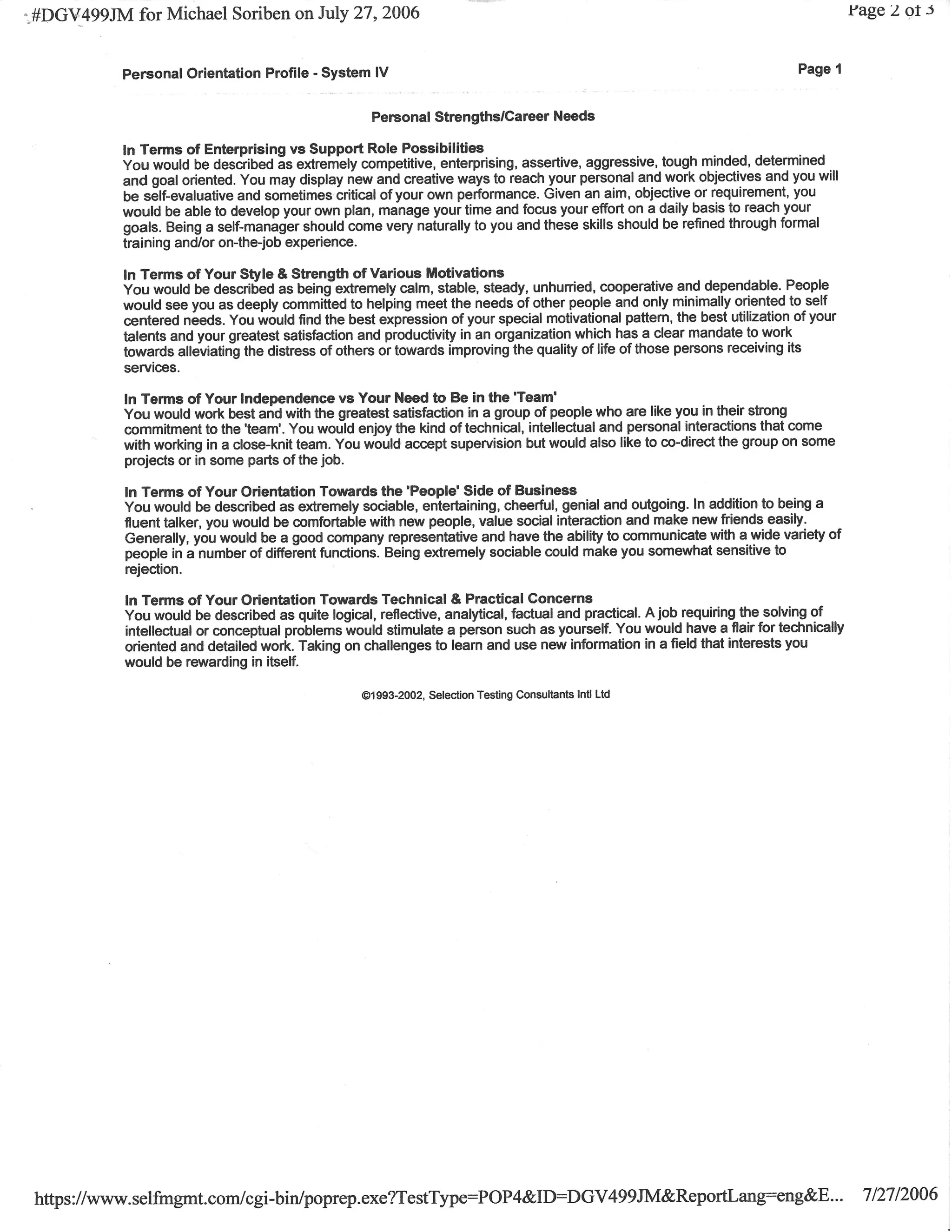 Personal Orientation Profile | PDF