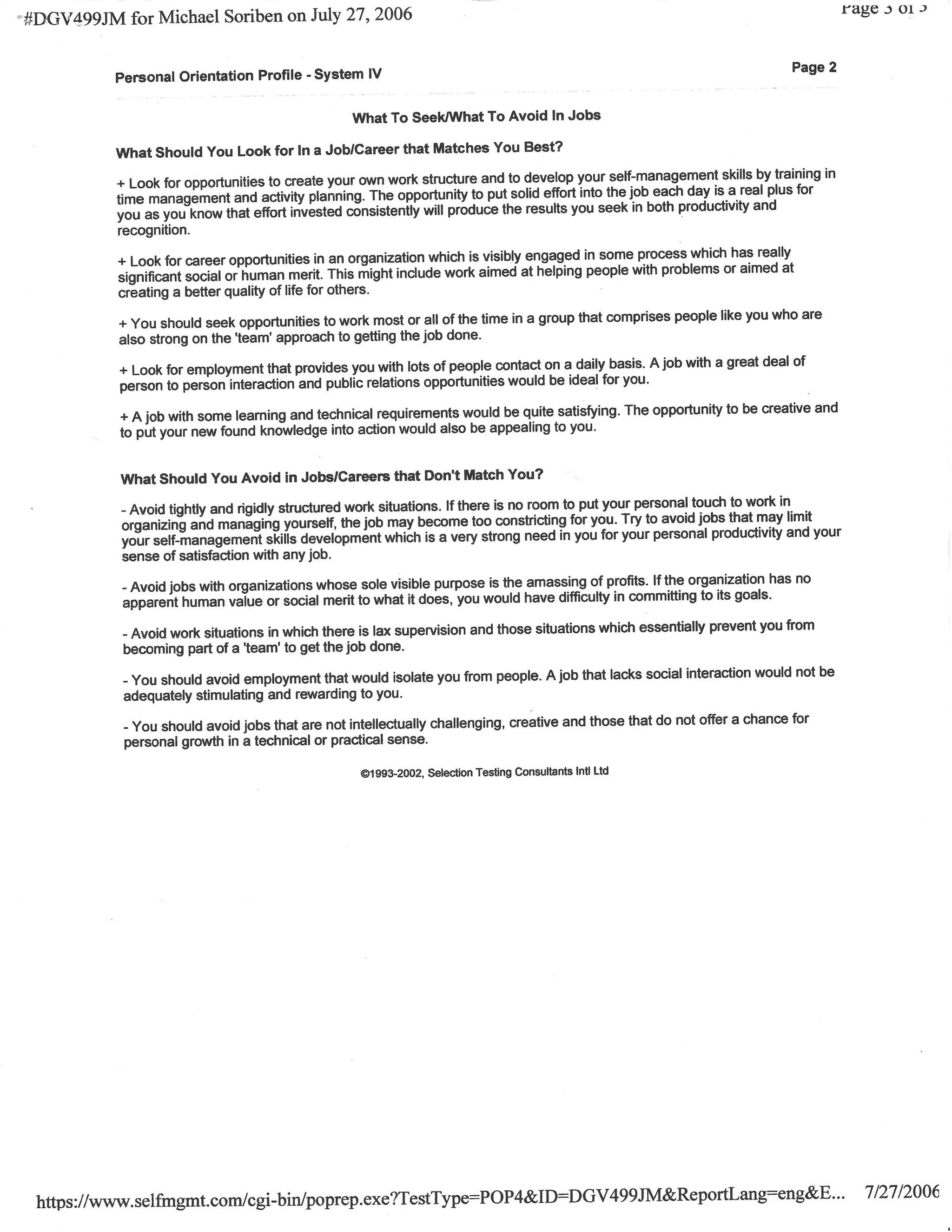 Personal Orientation Profile | PDF