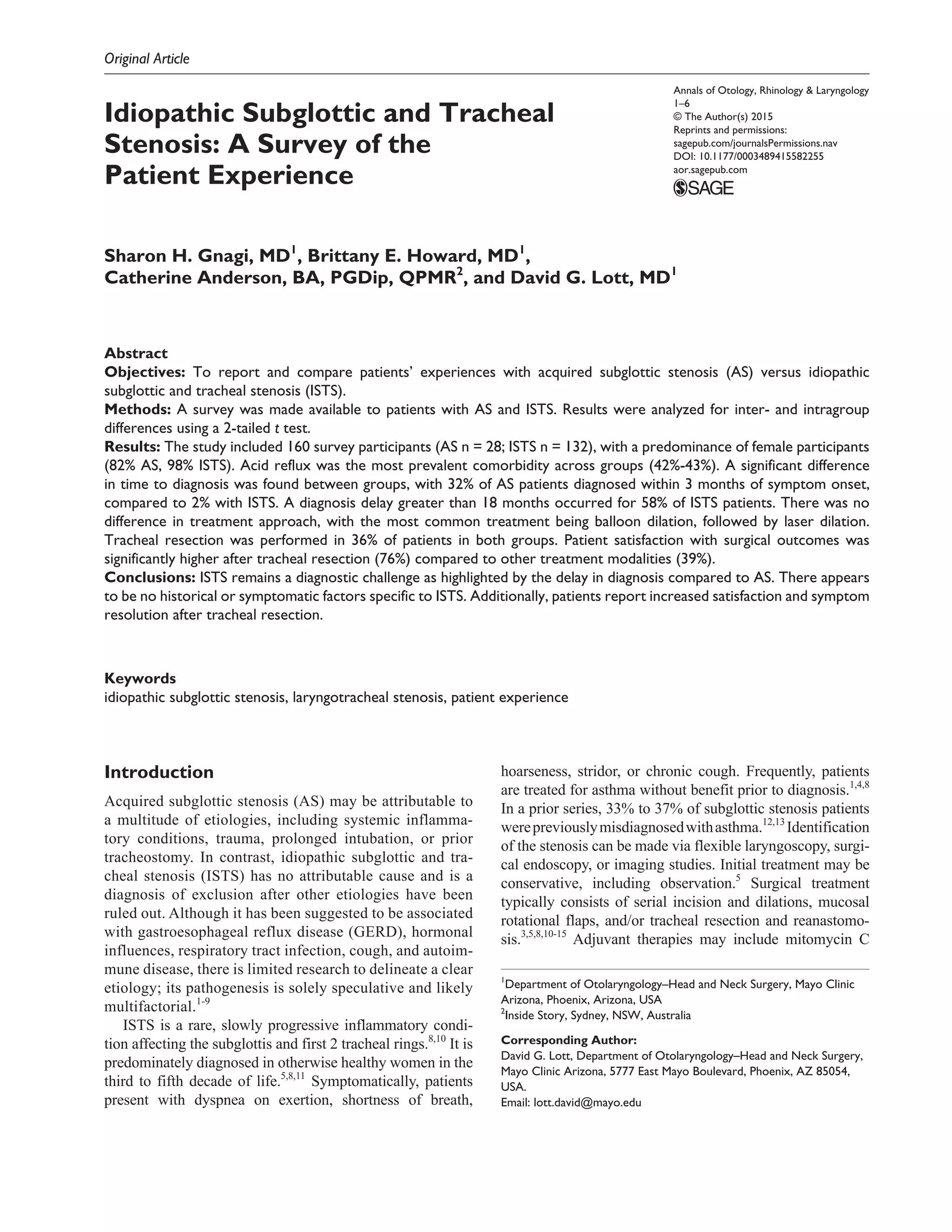 Idiopathic Subglottic and Tracheal Stenosis - A Survey of the Patient ...
