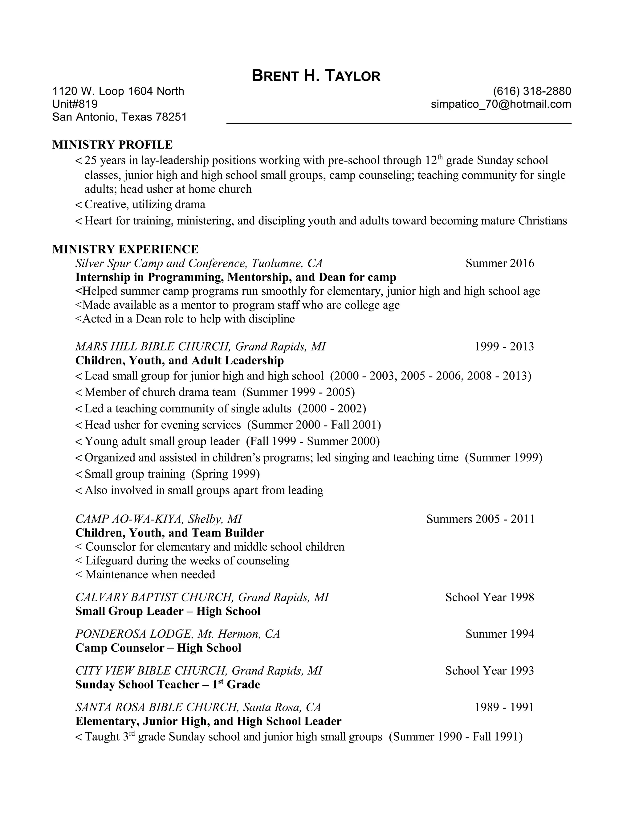 MINISTRY RESUME FOR BRENT TAYLOR | DOC