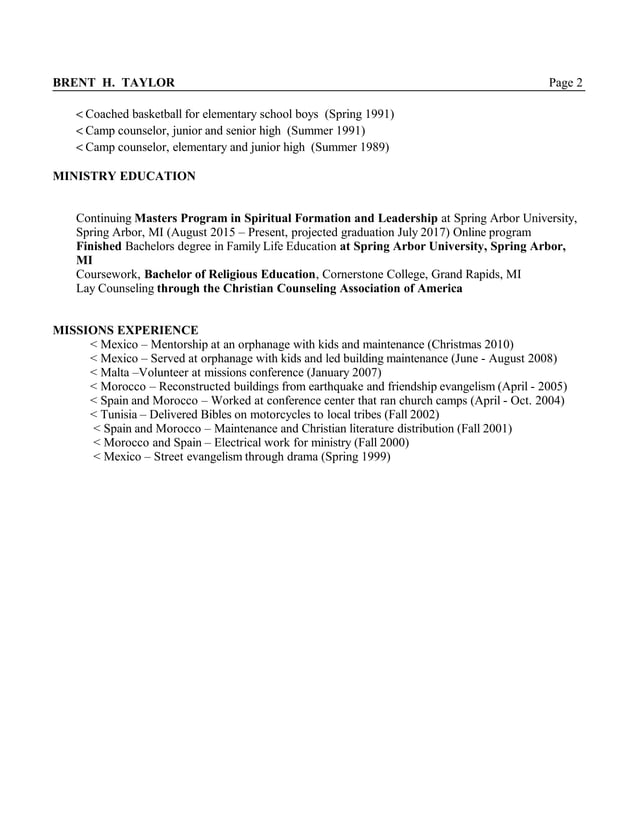 MINISTRY RESUME FOR BRENT TAYLOR | PDF
