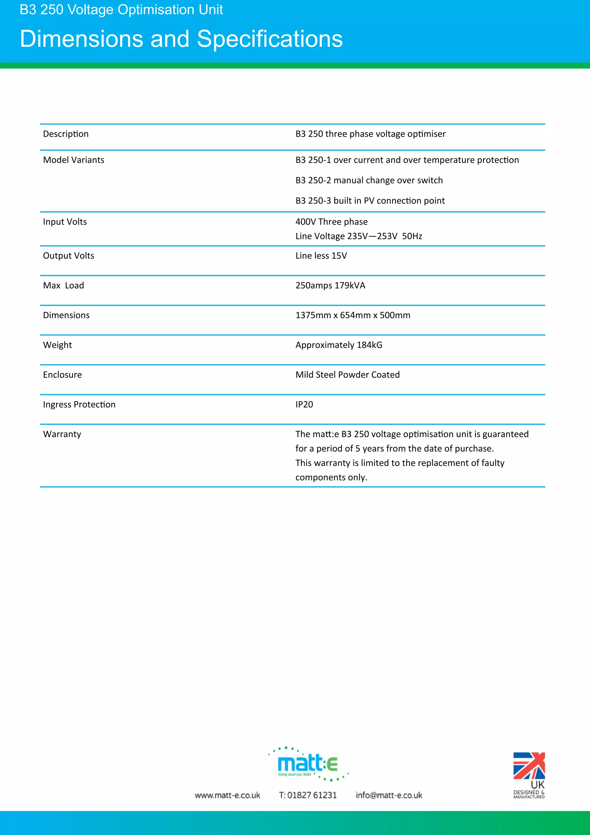 B3 250 Three Phase Voltage Optimisation Unit | PDF