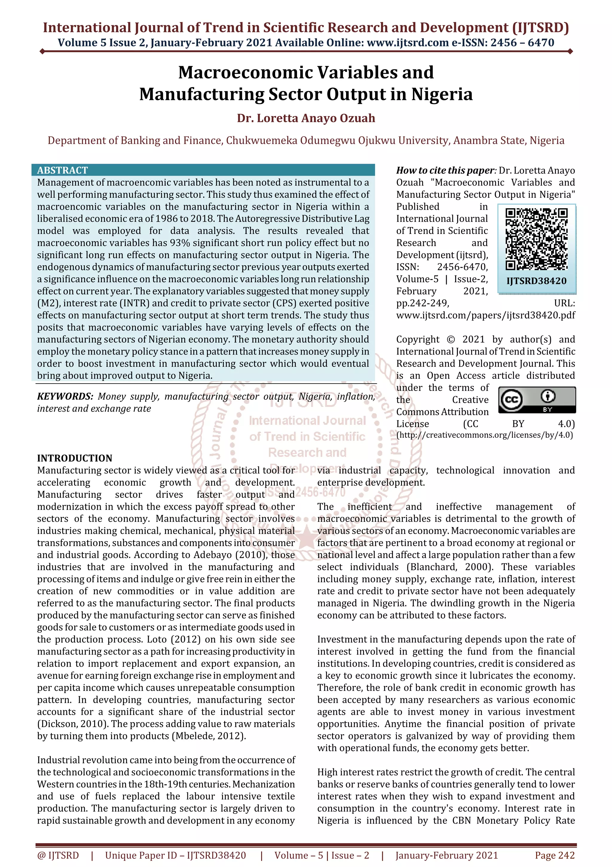 Macroeconomic Variables and Manufacturing Sector Output in Nigeria | PDF