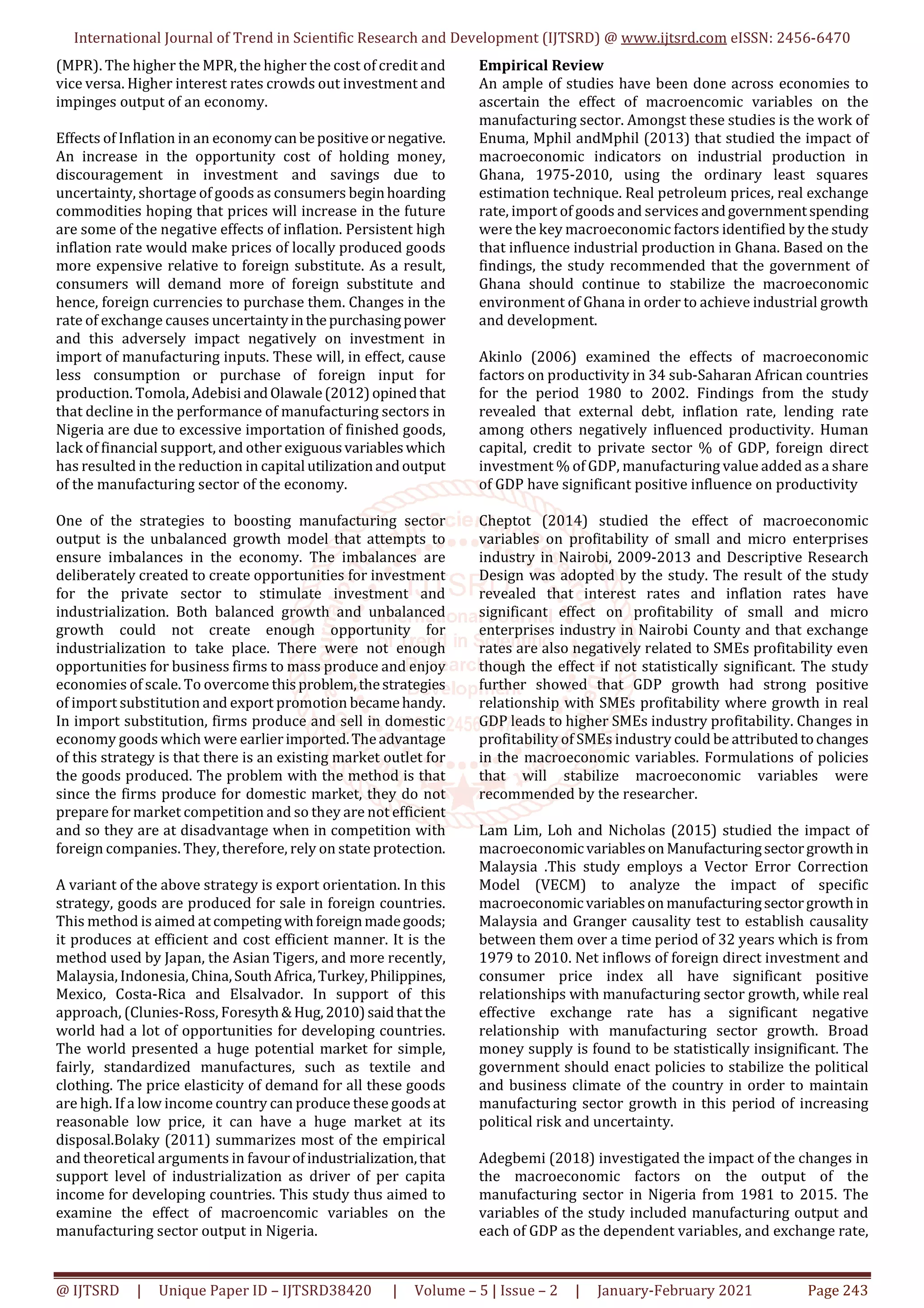 Macroeconomic Variables and Manufacturing Sector Output in Nigeria | PDF