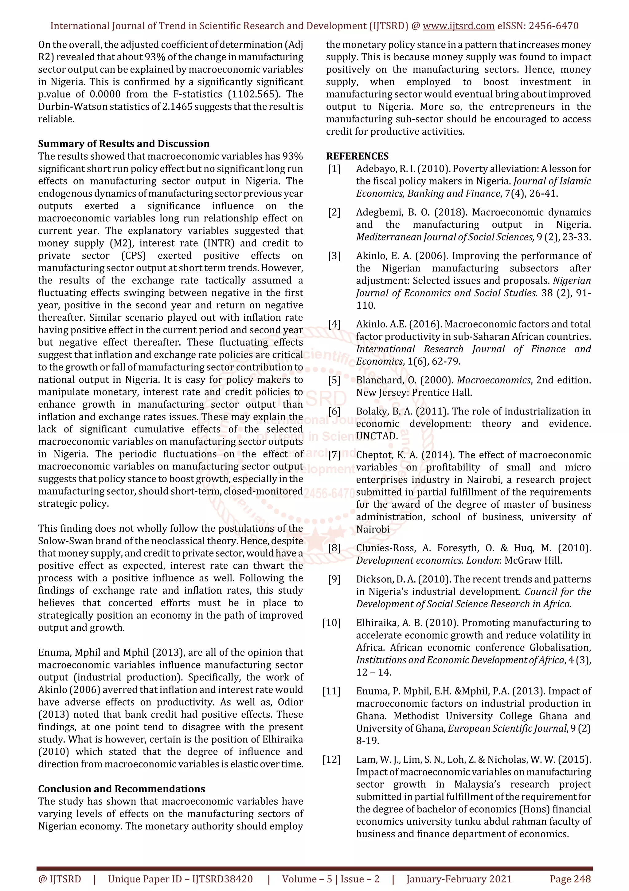 Macroeconomic Variables and Manufacturing Sector Output in Nigeria | PDF