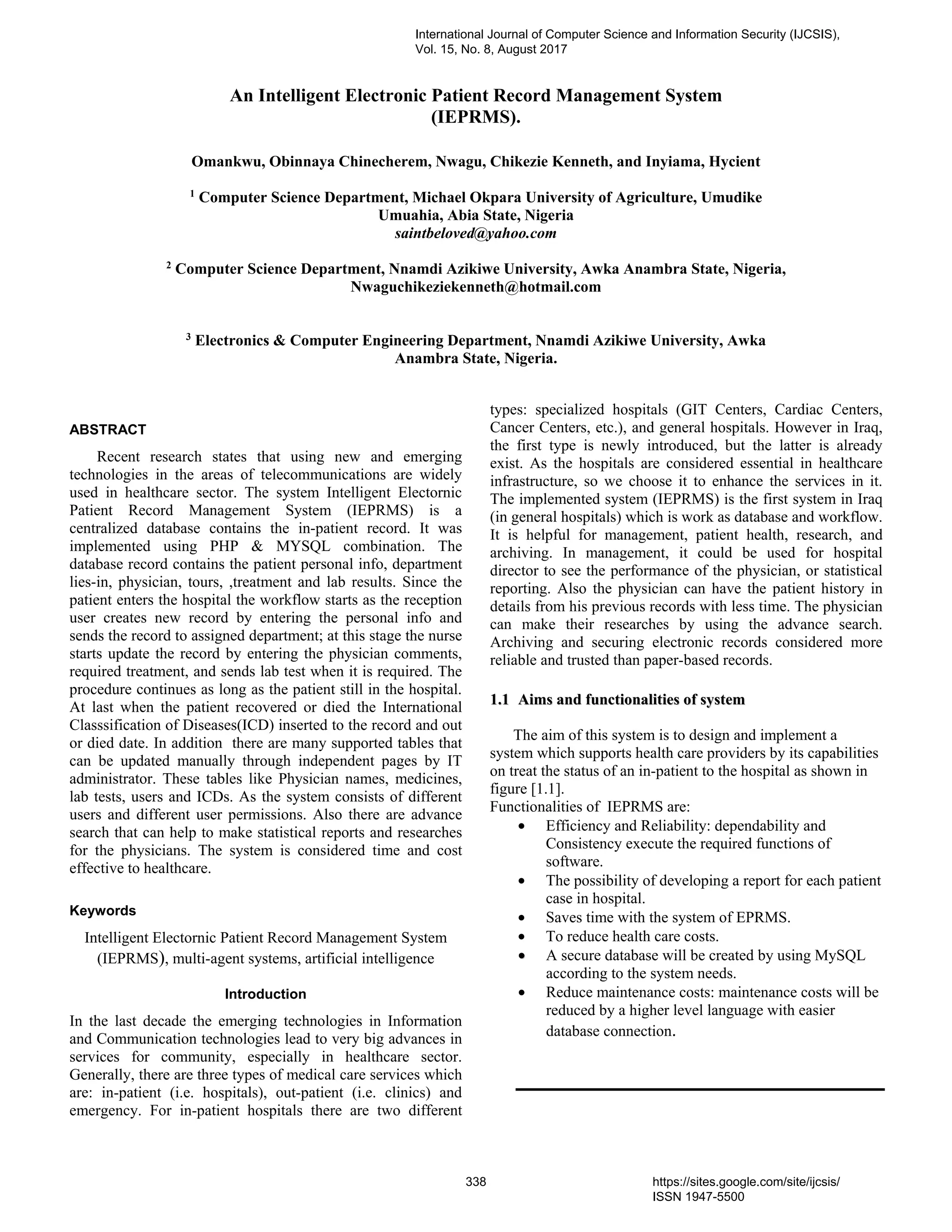 An Intelligent Electronic Patient Record Management System (IEPRMS) | PDF