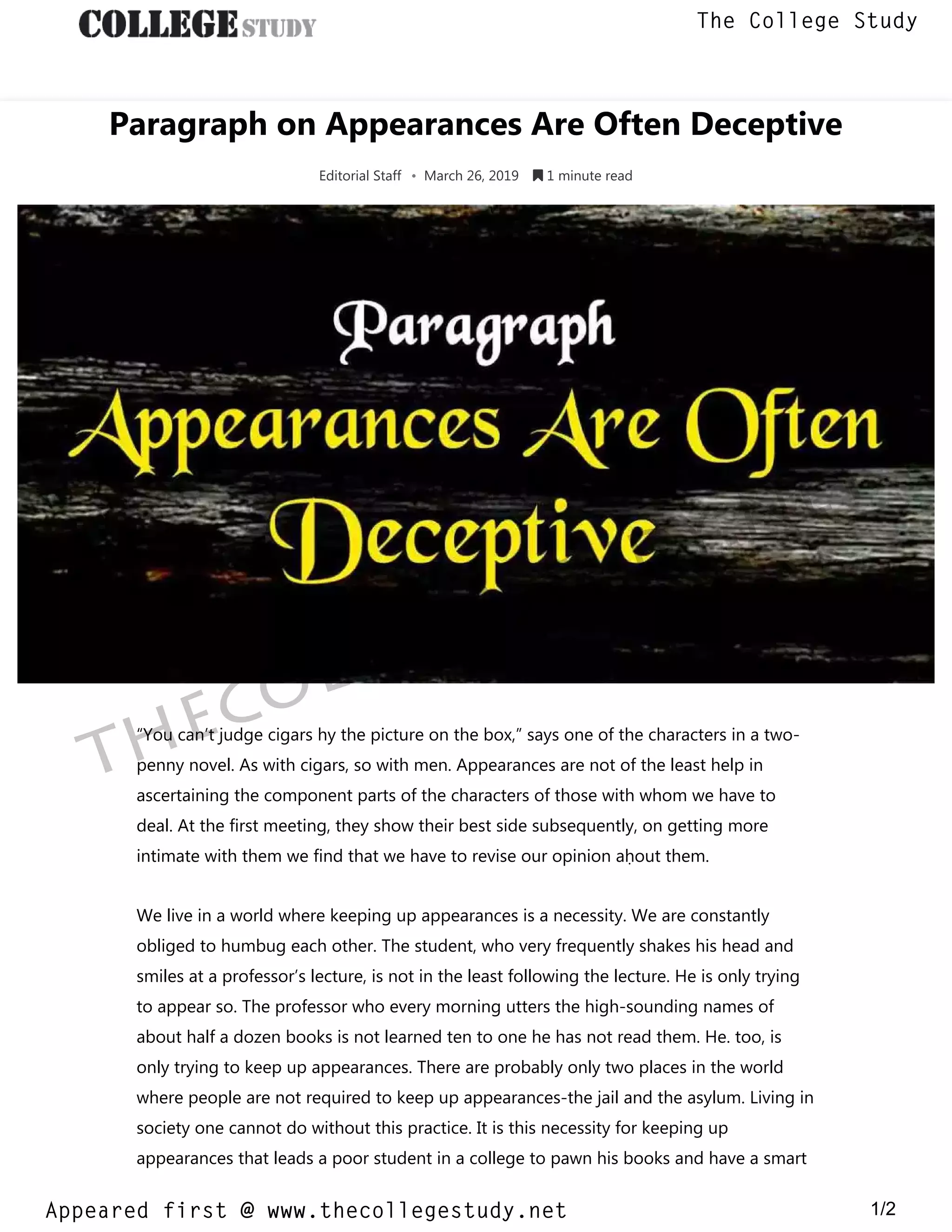 44 paragraph on appearances are often deceptive the college study | PDF