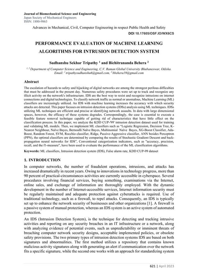 PERFORMANCE EVALUATION OF MACHINE LEARNING ALGORITHMS FOR INTRUSION DETECTION SYSTEM | PDF