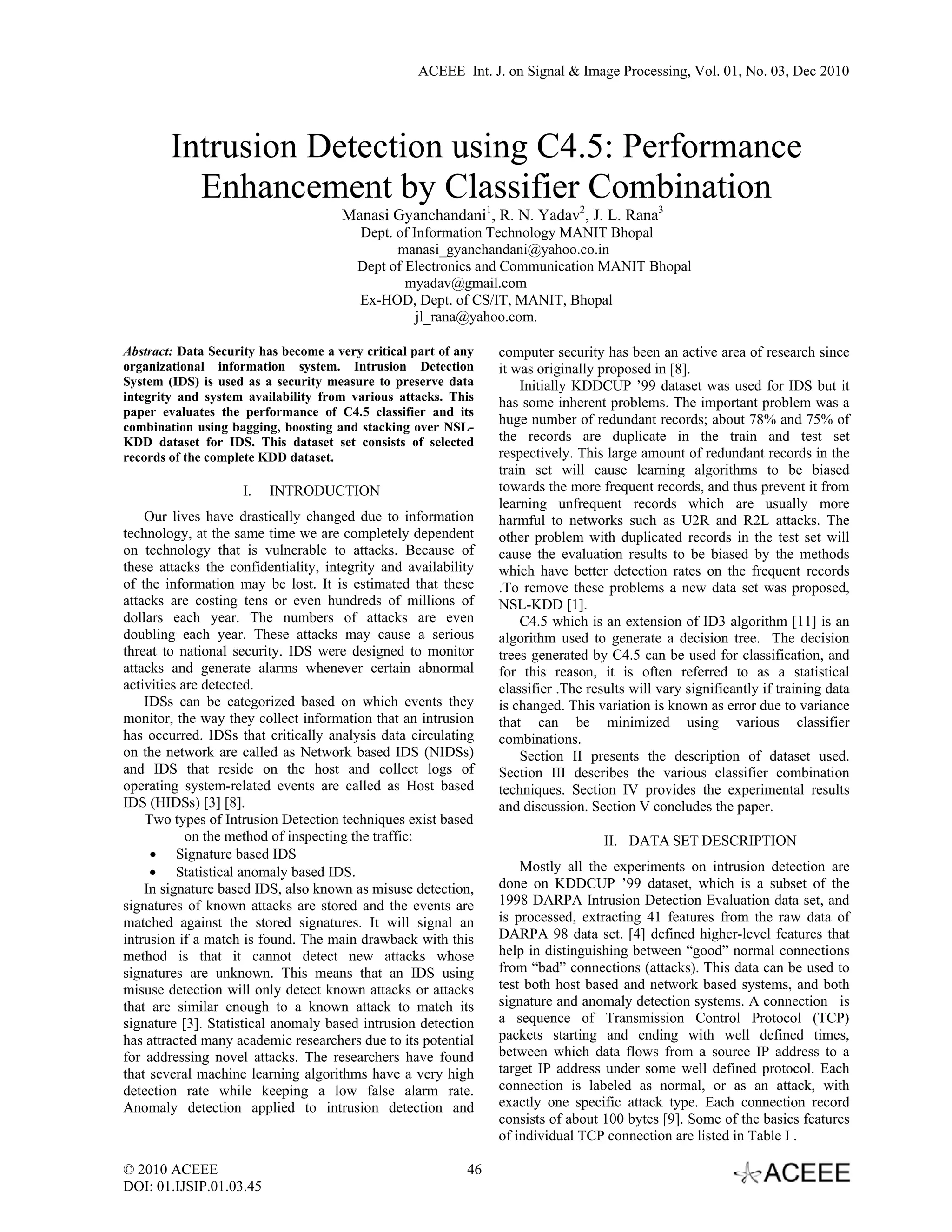 Intrusion Detection using C4.5: Performance Enhancement by Classifier Combination | PDF ...
