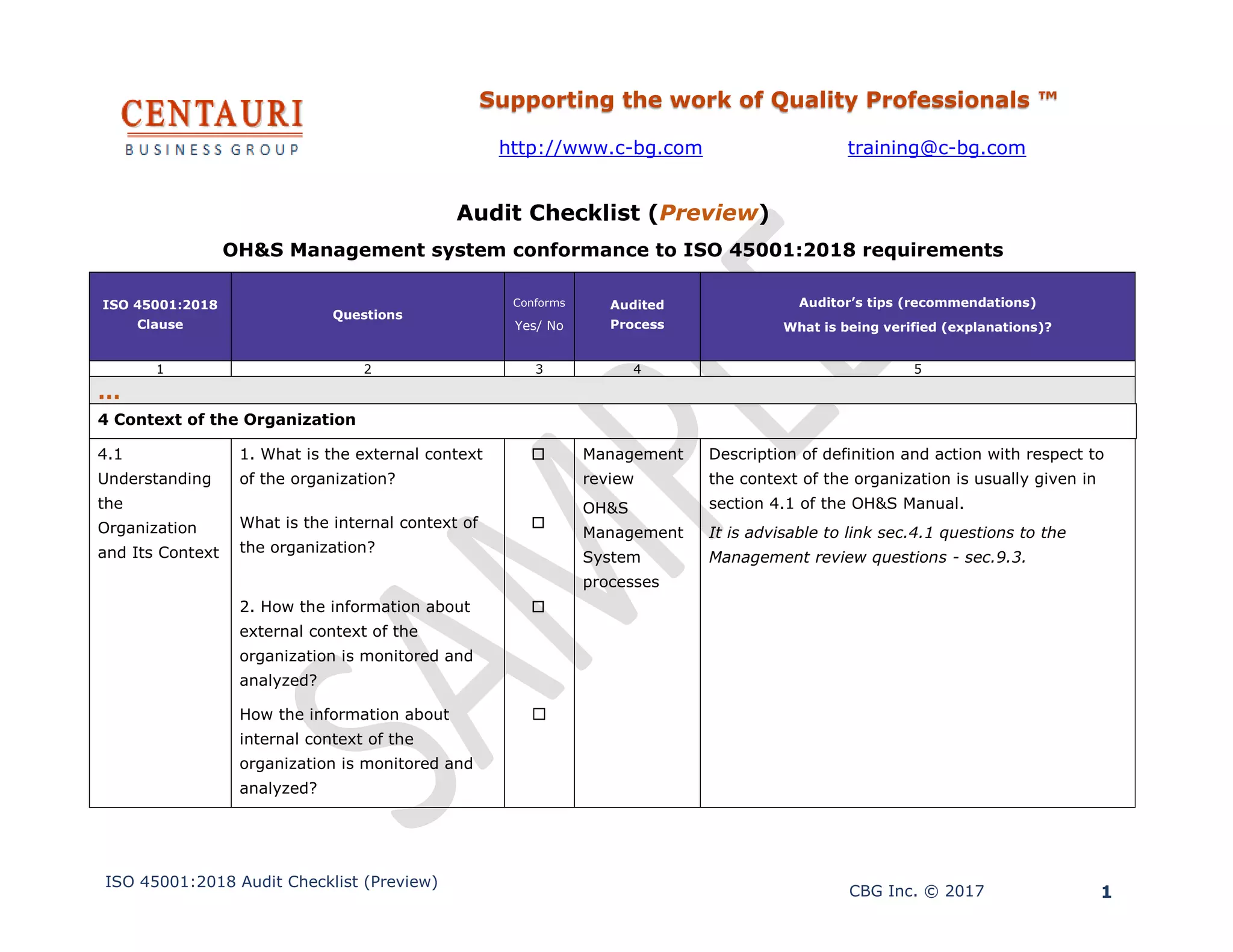 ISO 45001:2018 Audit checklist (preview) | PDF