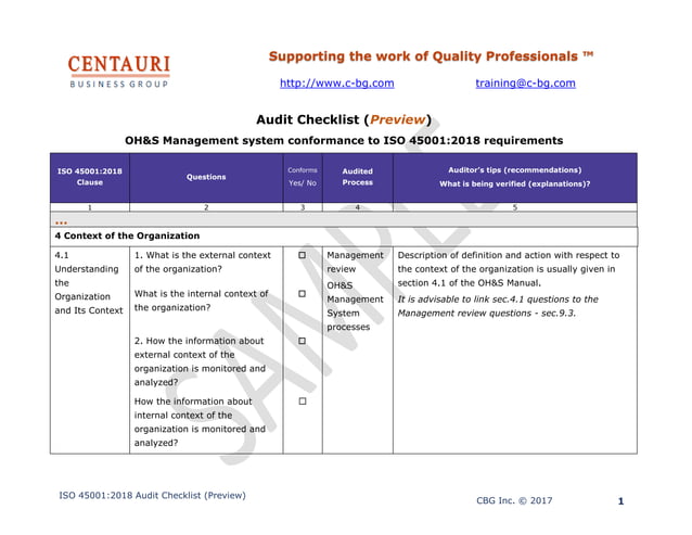 ISO 45001:2018 Audit checklist (preview) | PDF