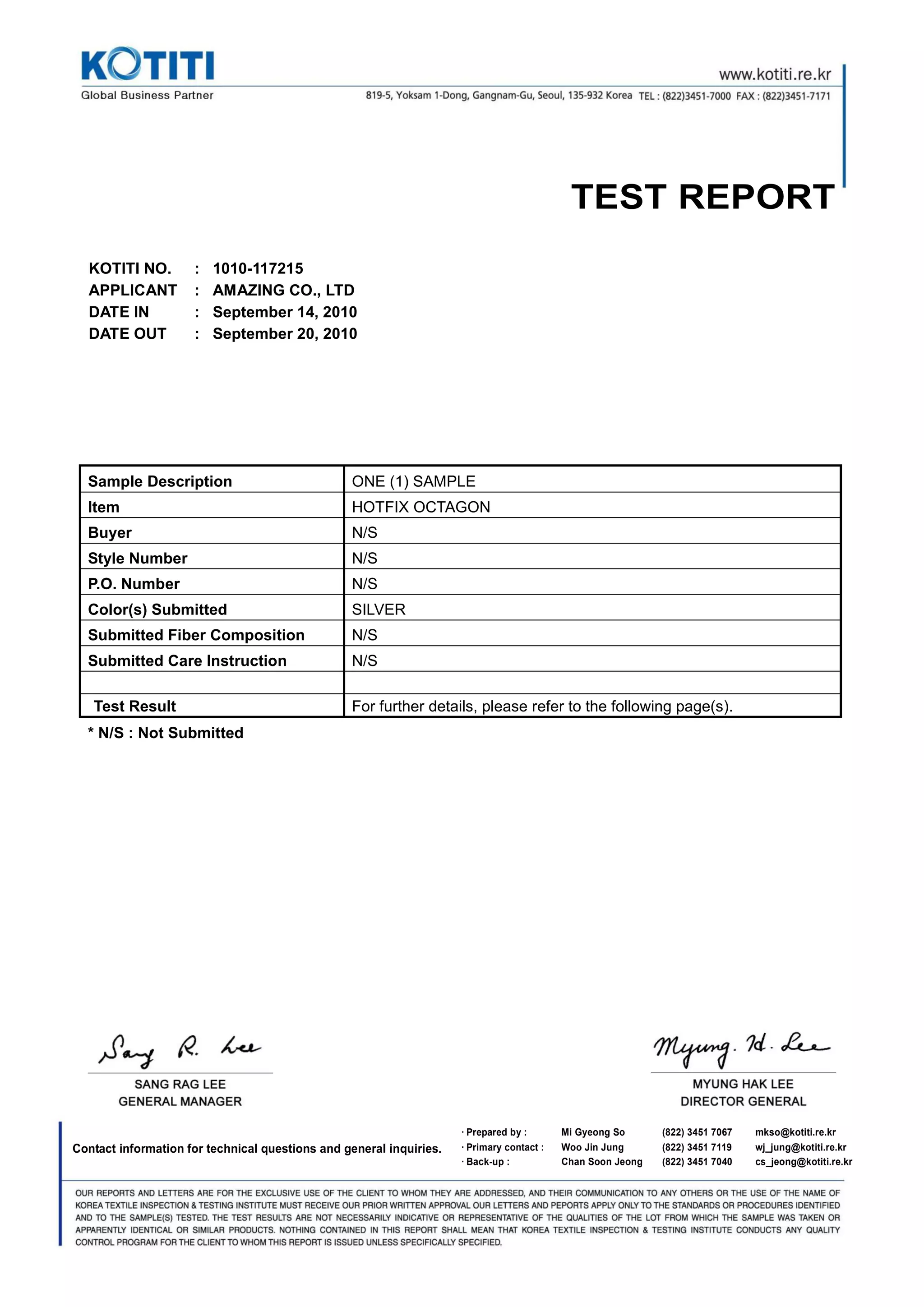 Test Report of Octagon from KOTITI | PDF