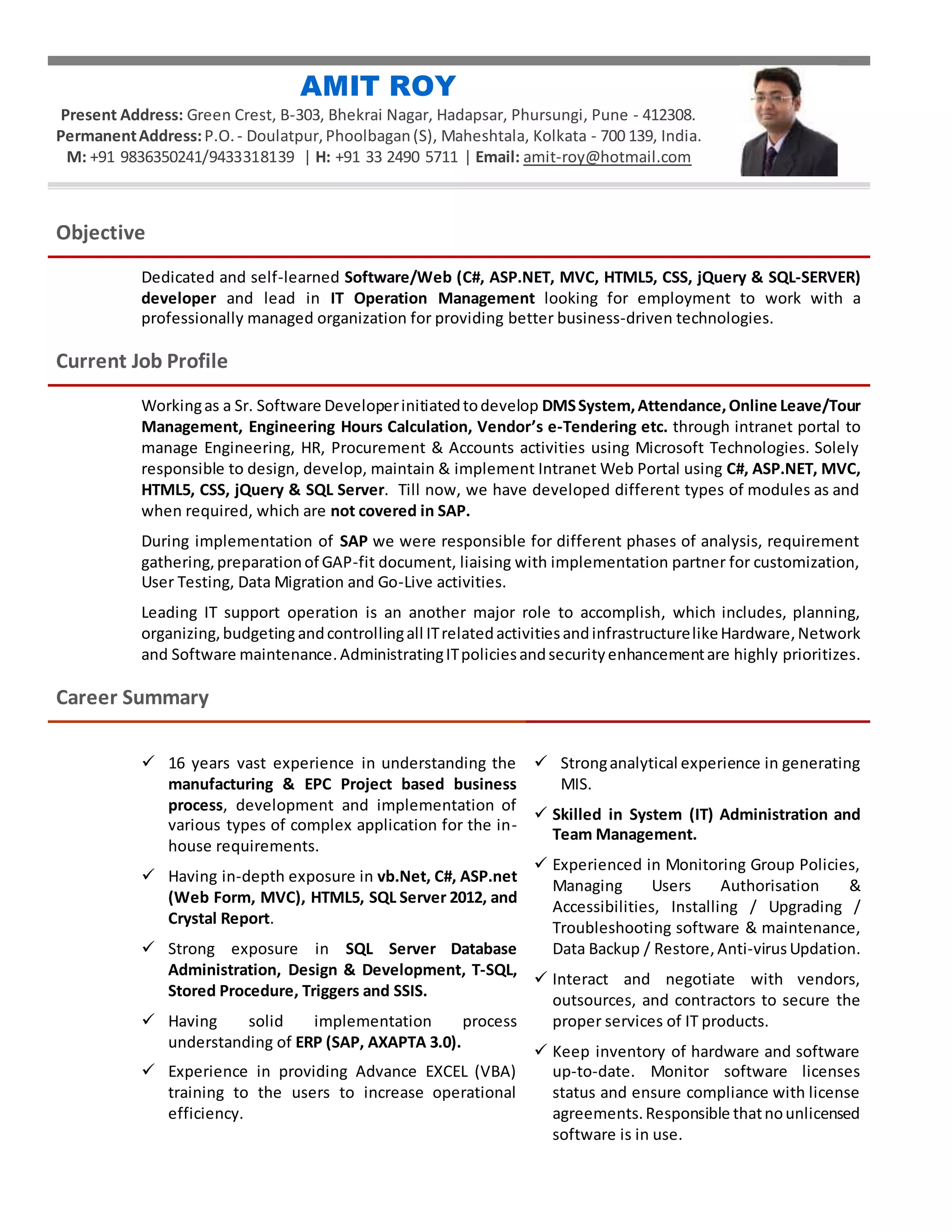 Resume_Amit_Roy | DOCX | IT and Internet Support | Internet