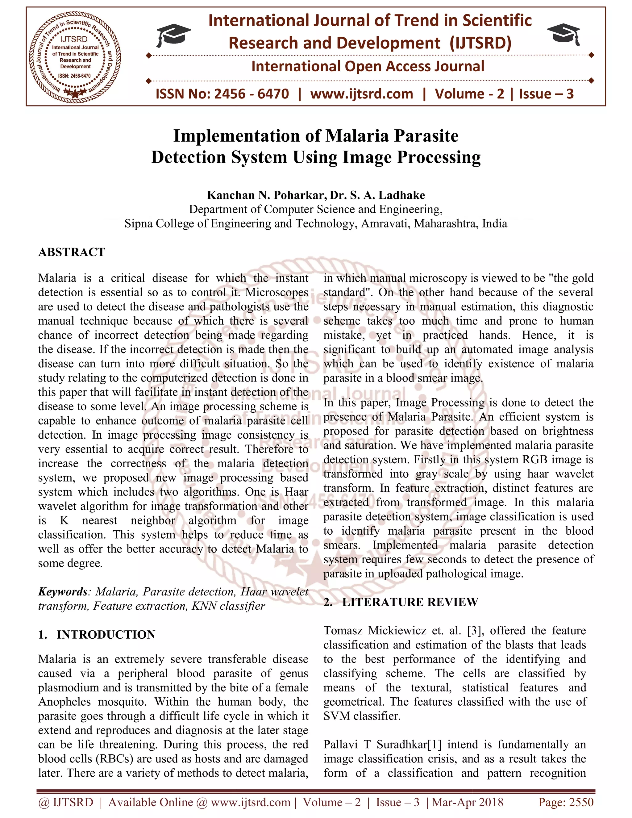 Implementation of Malaria Parasite Detection System Using Image ...