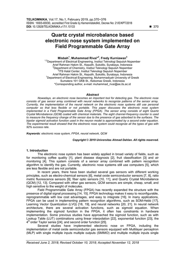 Quartz crystal microbalance based electronic nose system implemented on Field Programmable Gate ...