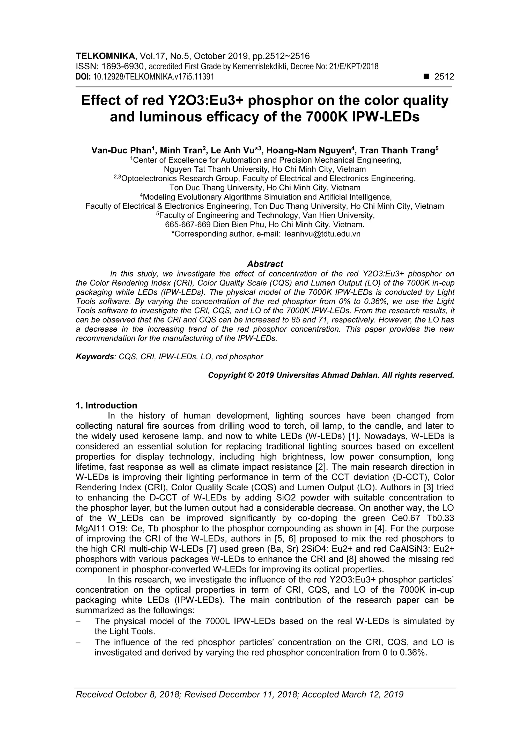 Effect of red Y2O3:Eu3+ phosphor on the color quality and luminous ...