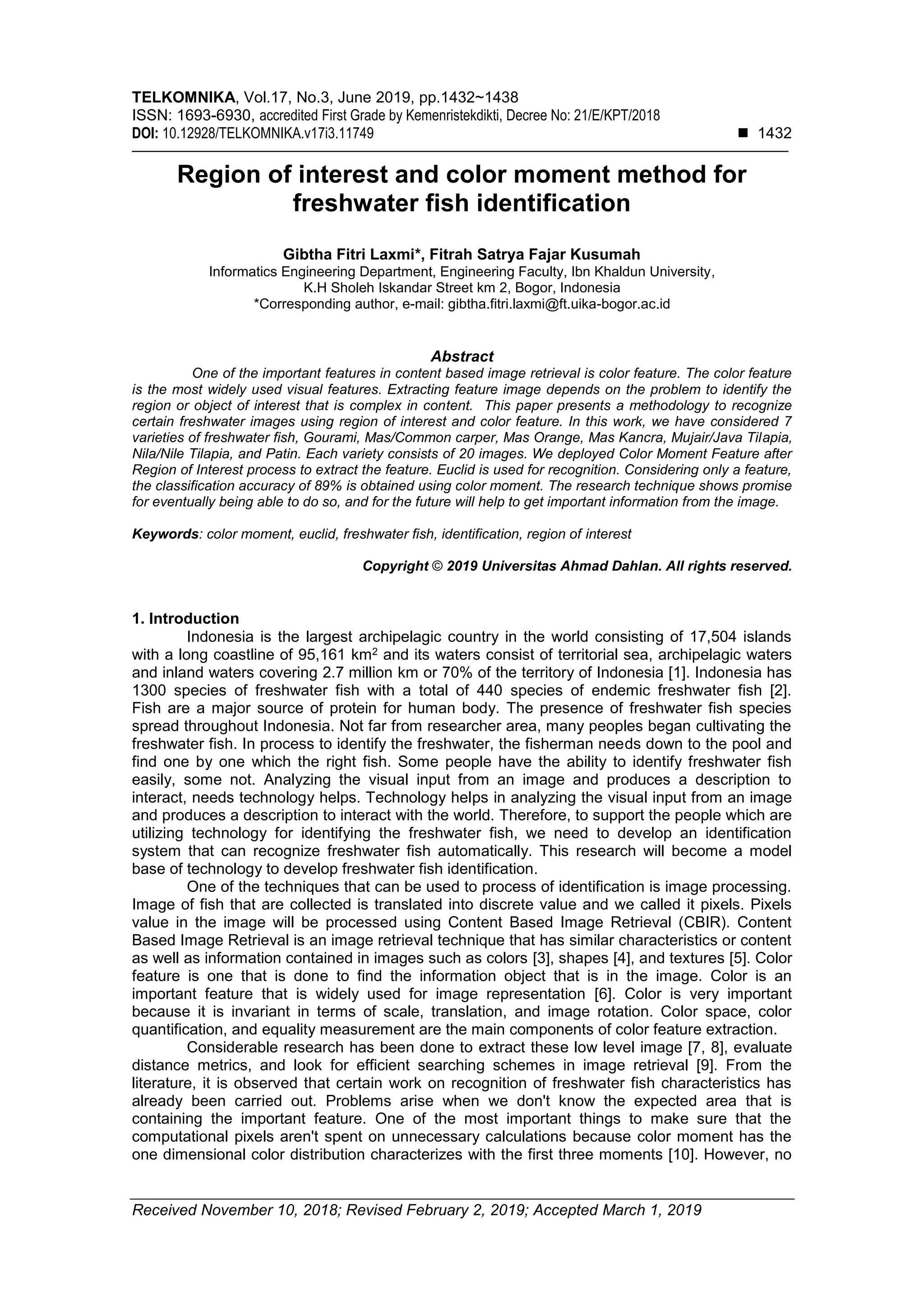 Region of interest and color moment method for freshwater fish ...