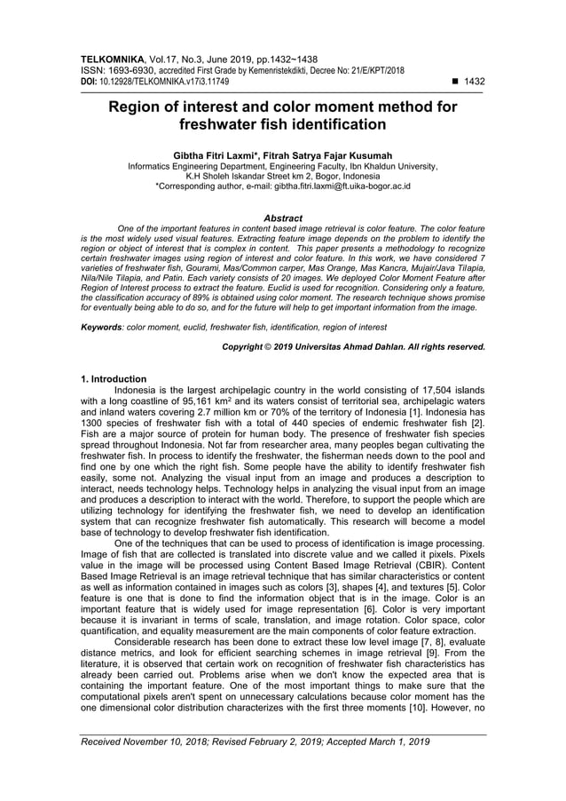 Region of interest and color moment method for freshwater fish ...