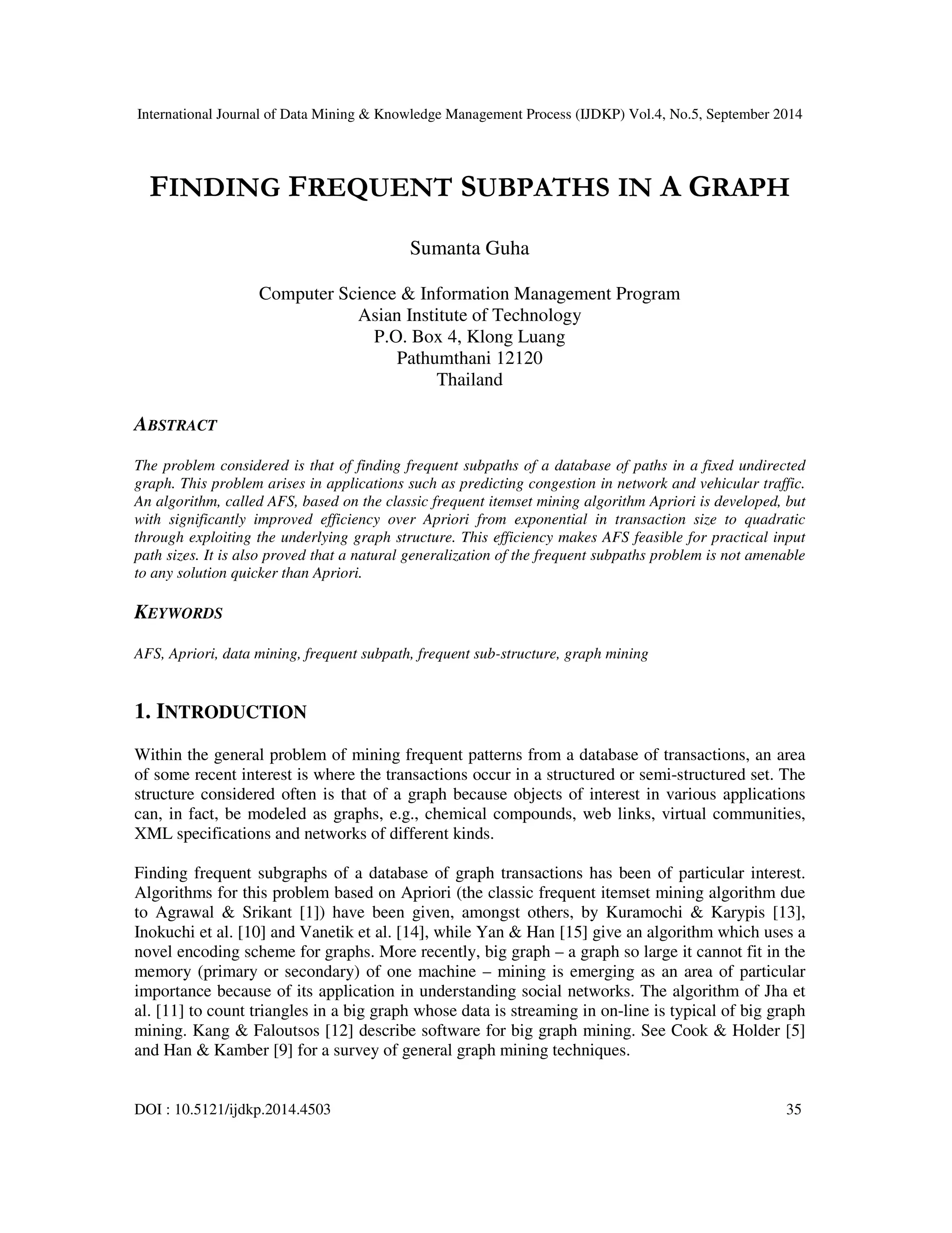FINDING FREQUENT SUBPATHS IN A GRAPH | PDF