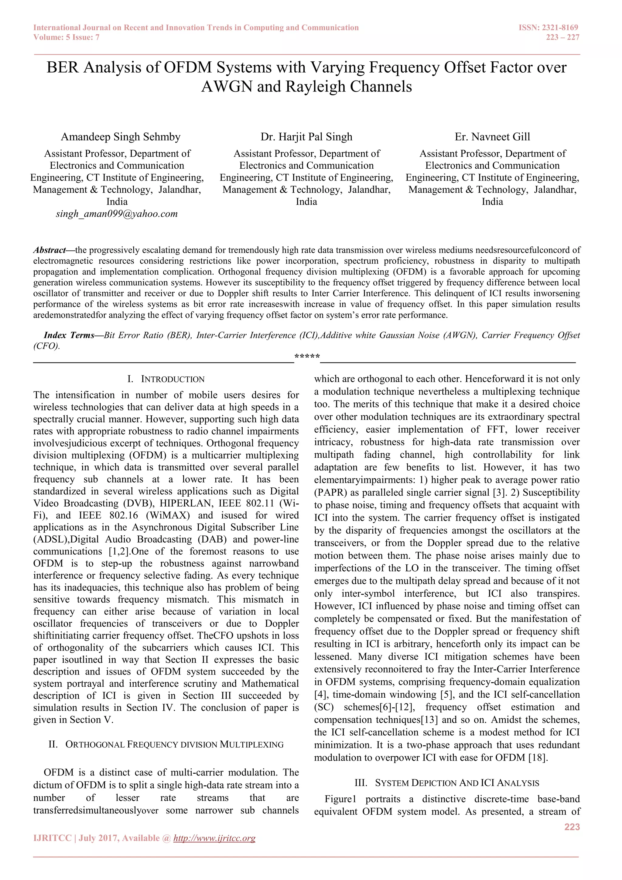 BER Analysis of OFDM Systems with Varying Frequency Offset Factor over AWGN and Rayleigh ...