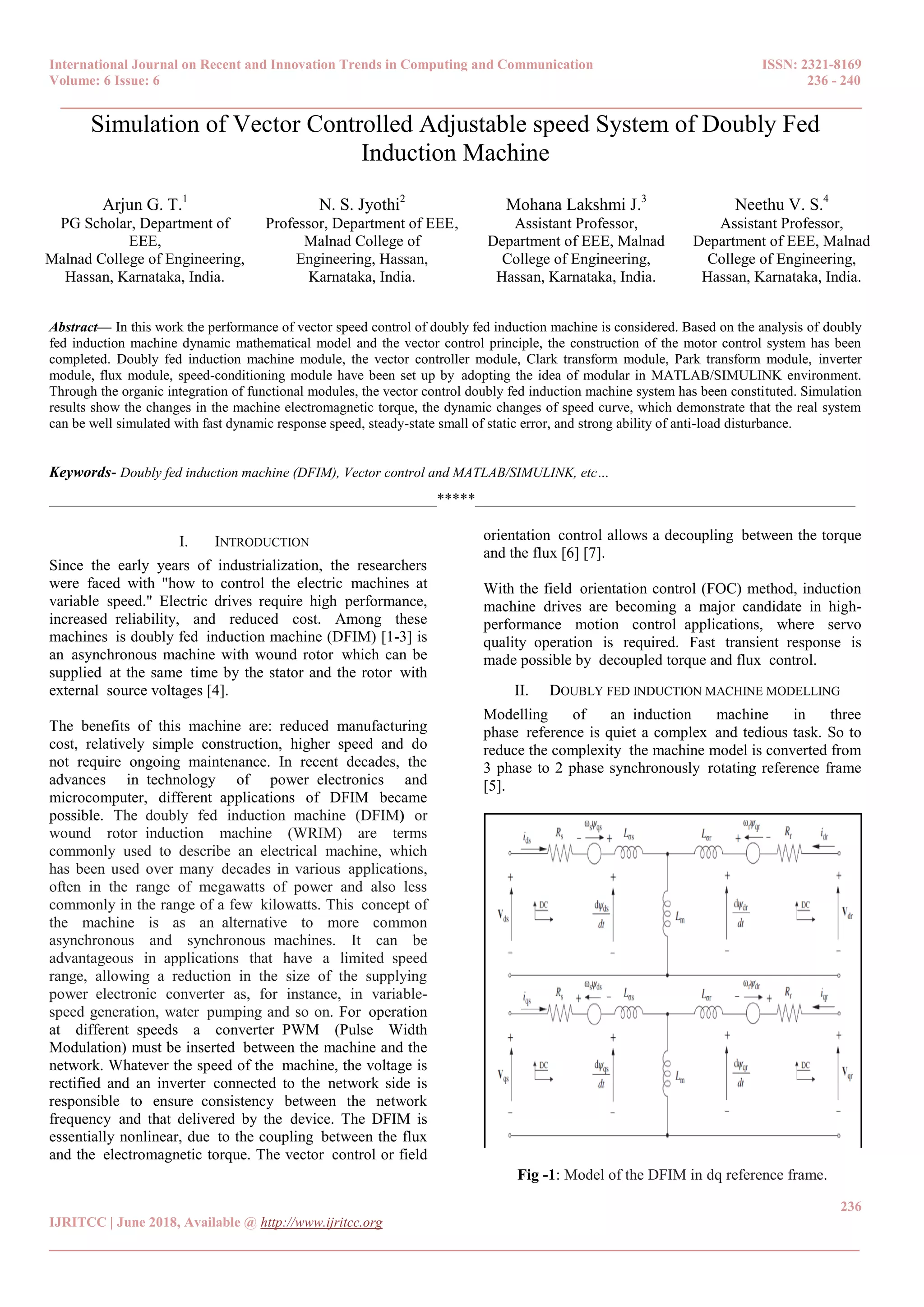 Simulation of Vector Controlled Adjustable Speed System of Doubly Fed Induction Machine | PDF