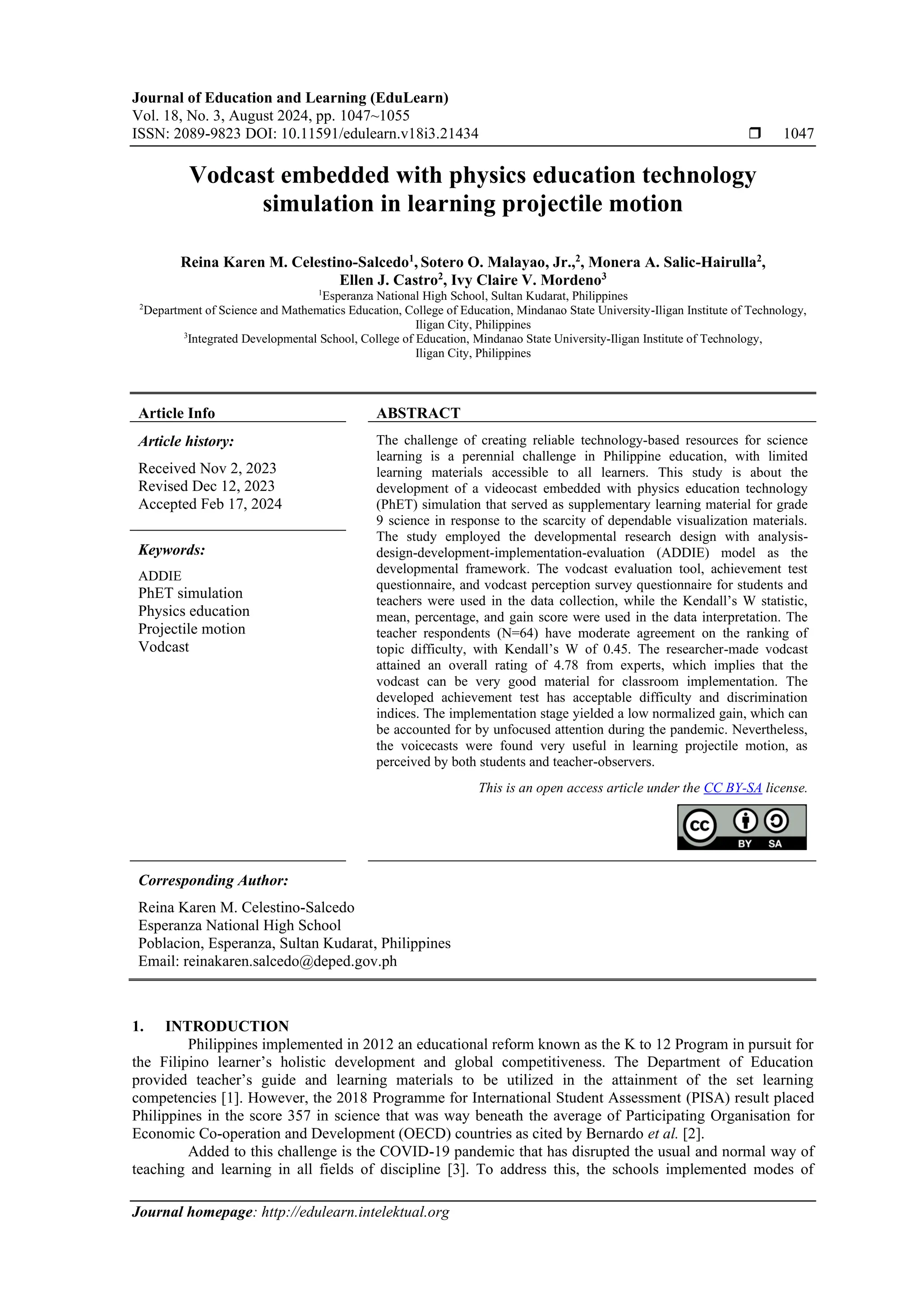 Vodcast embedded with physics education technology simulation in learning projectile motion ...