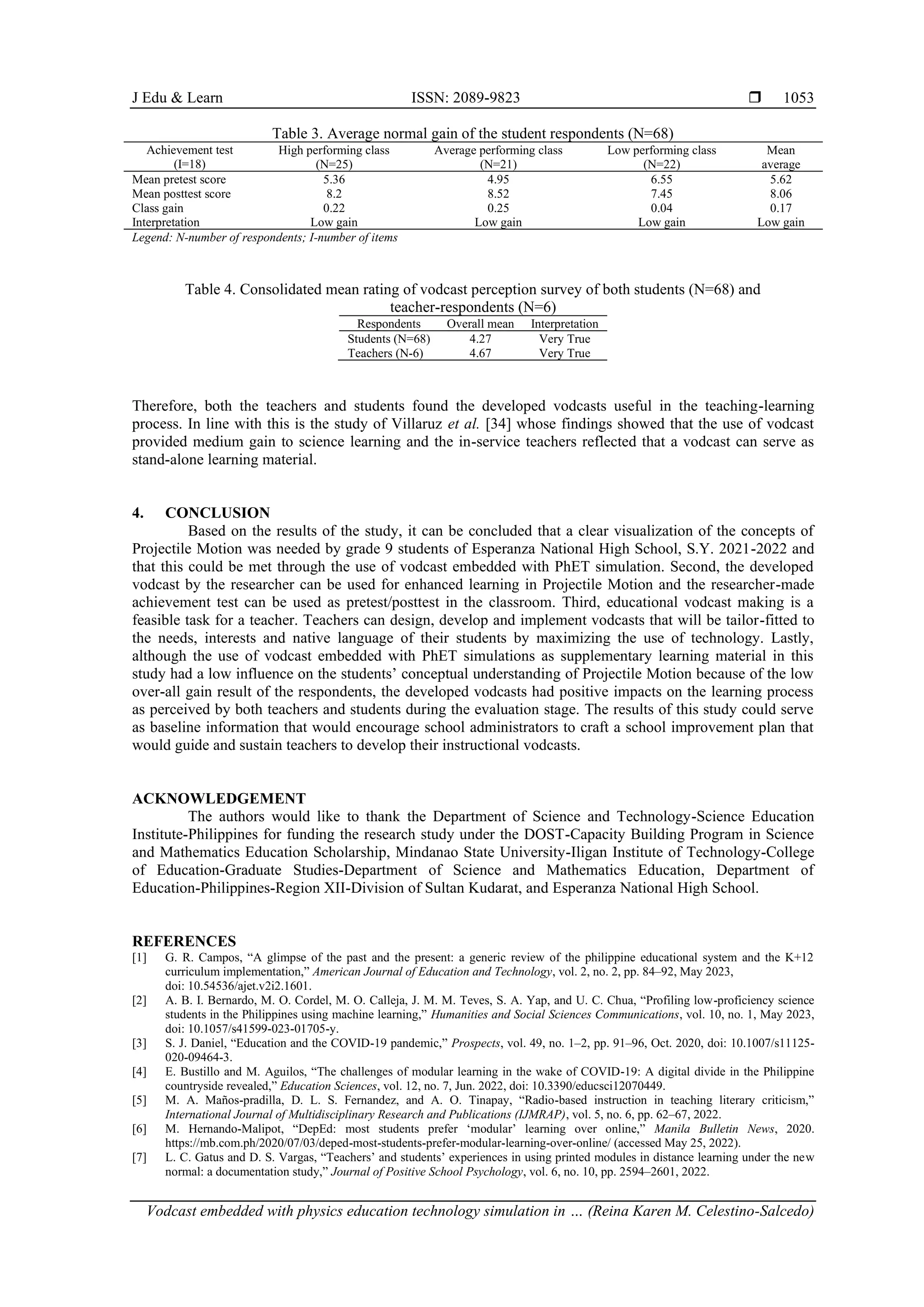Vodcast embedded with physics education technology simulation in learning projectile motion ...