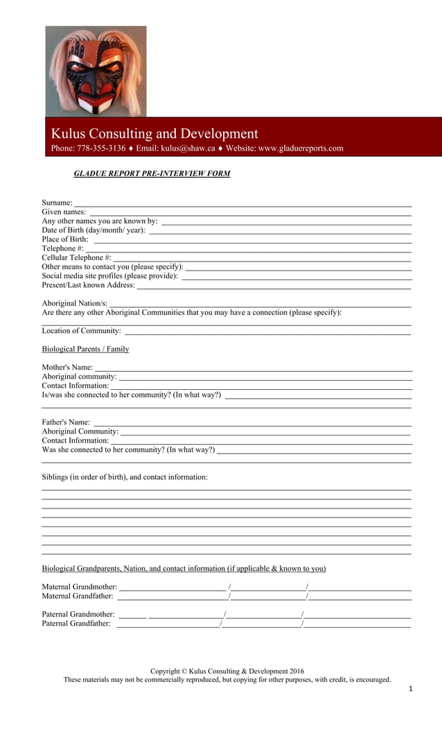 Gladue Report Pre-Interview Form | PDF | Adoption and Fostering | Parenting