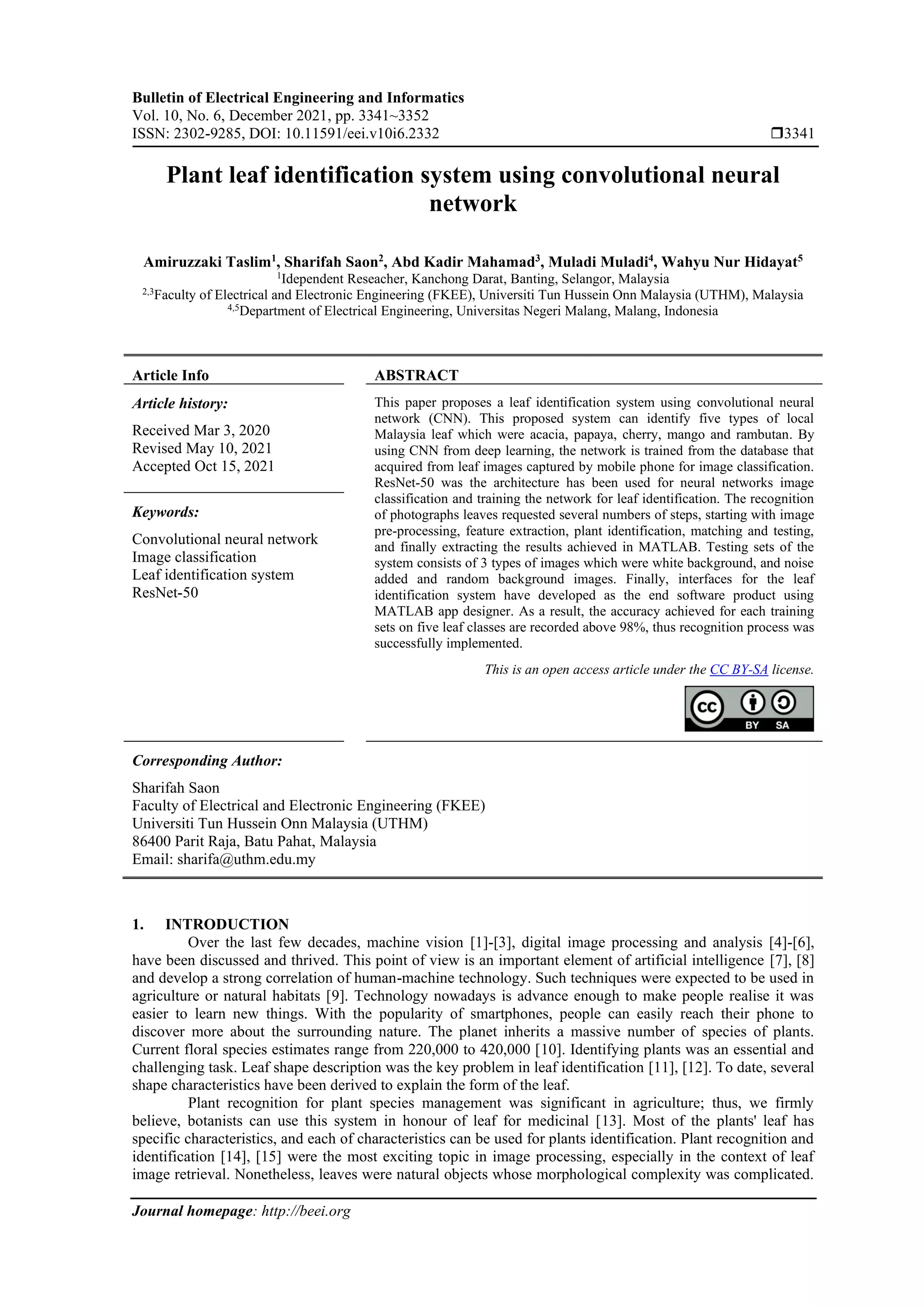Plant leaf identification system using convolutional neural network | PDF