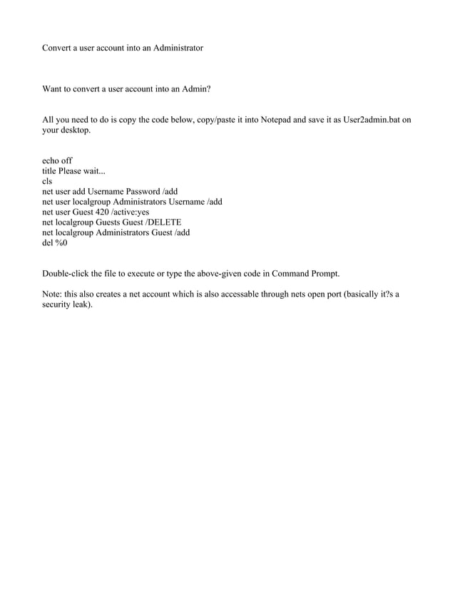 Convert a user account into an Administrator | DOC | Operating Systems | Computer Software and ...