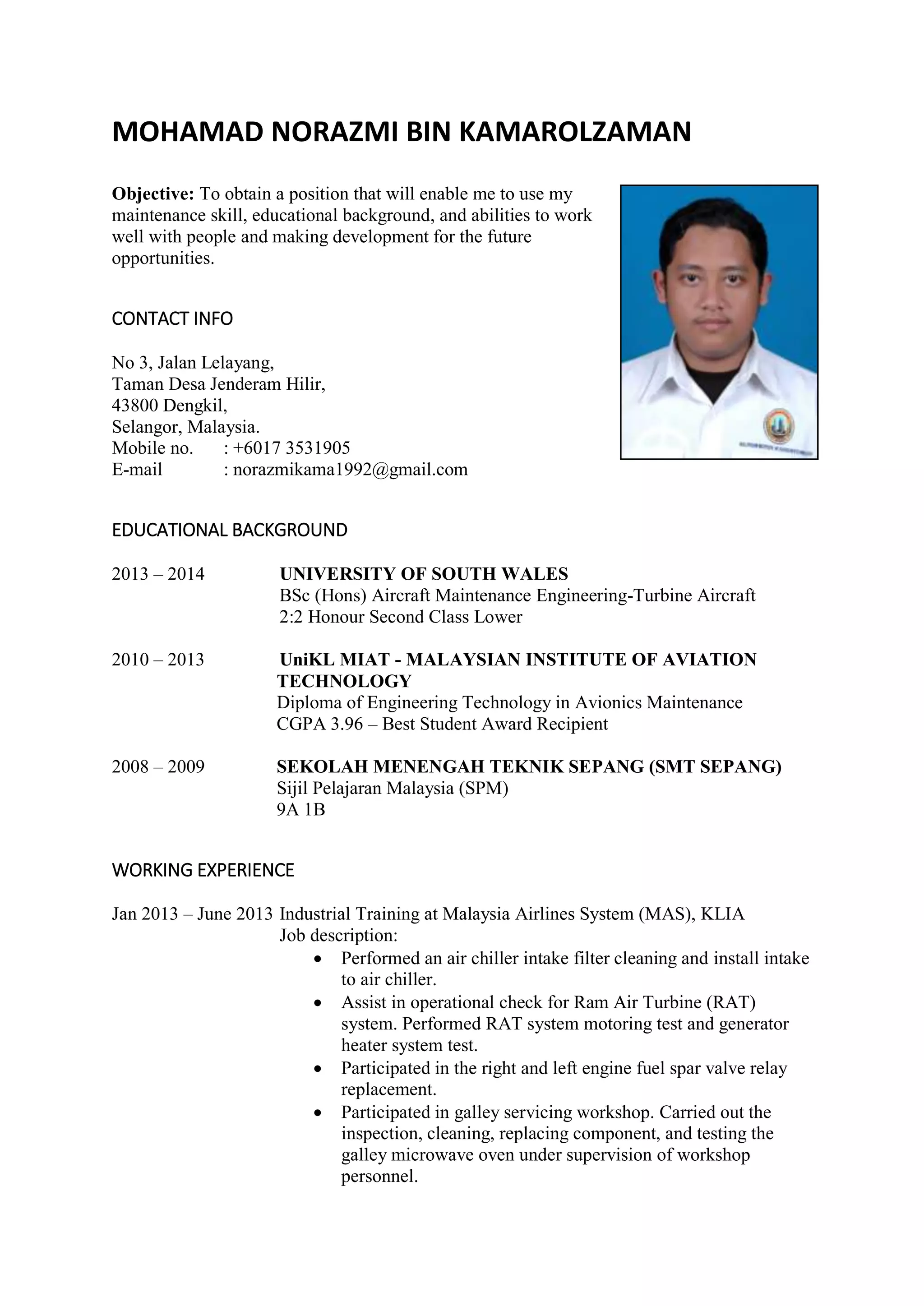 Mohamad Norazmi Bin Kamarolzaman CV | PDF