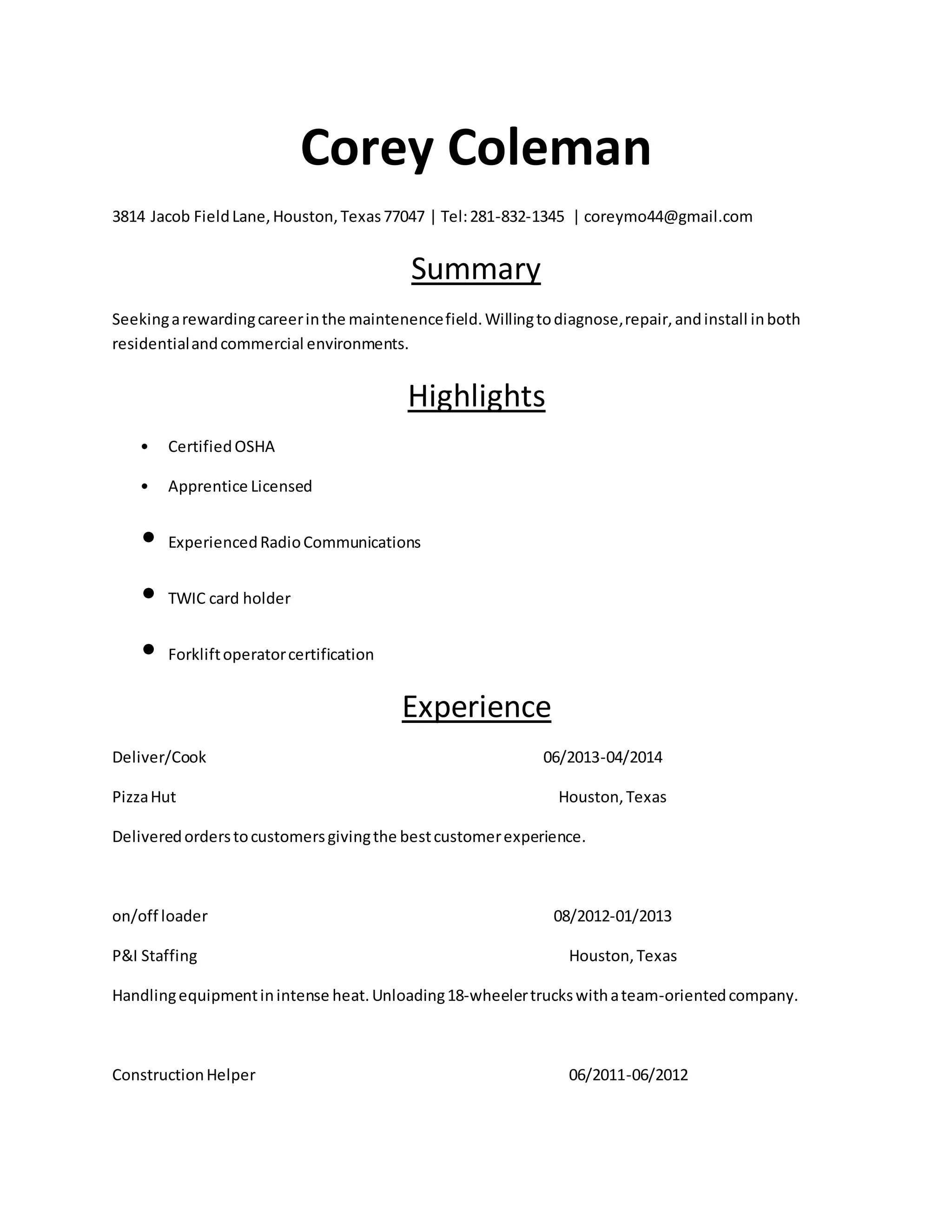 Corey Coleman resume 2013 | PDF