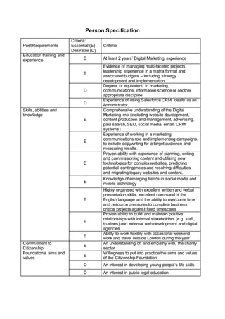 Digital Marketing Manager - Job Description and Person Specification | DOCX
