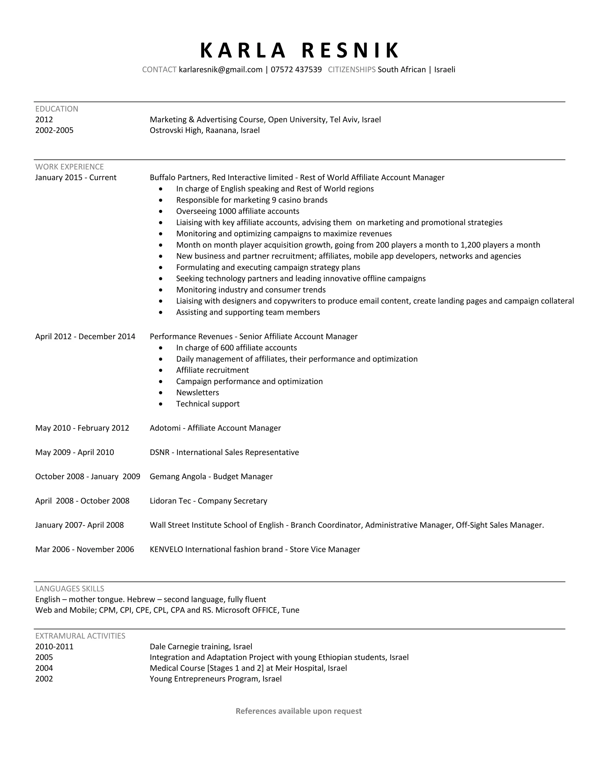 Karla Resnik Curriculum Vitae | PDF | Marketing and Advertising | Business