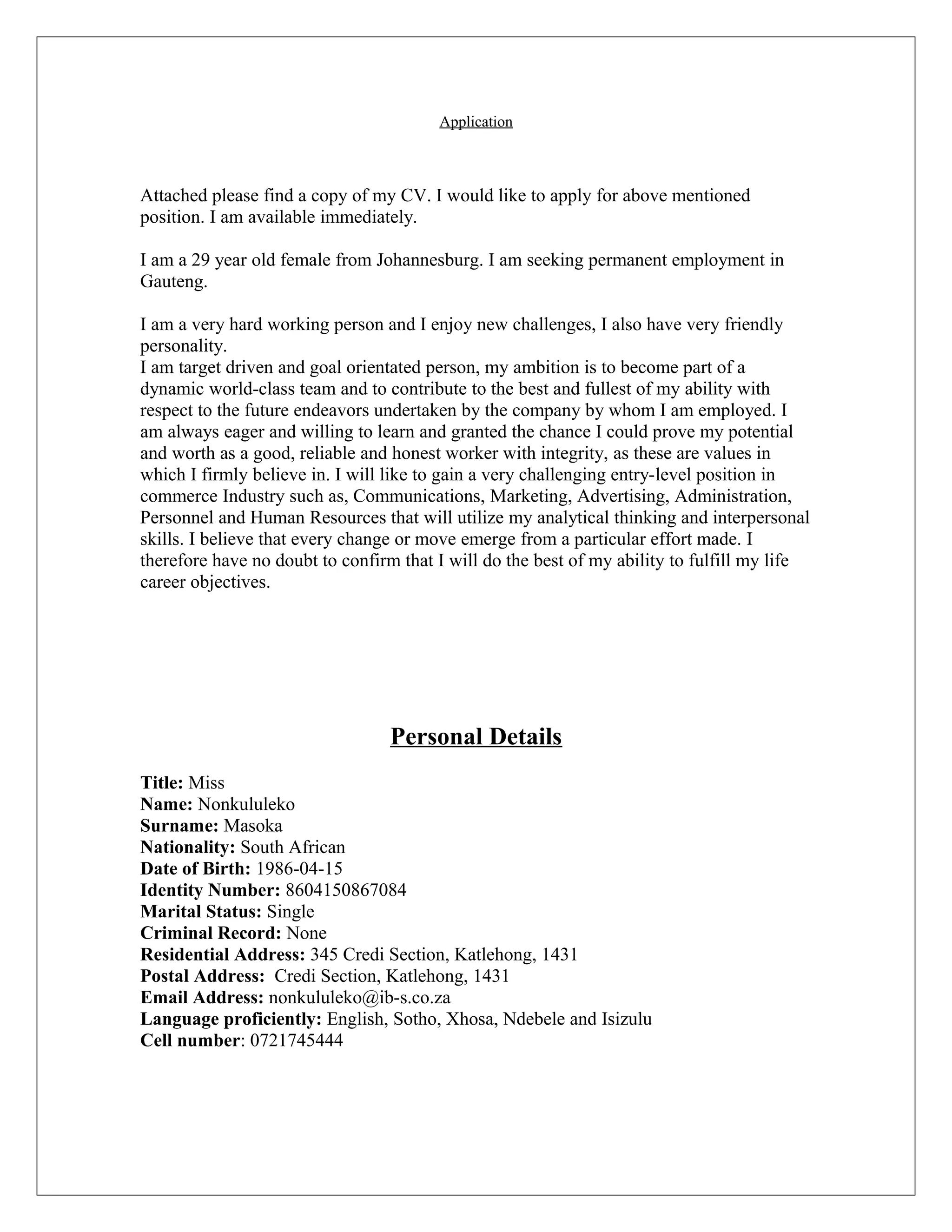 Curriculum Vitae of Nonkululeko Masoka 2016 | PDF