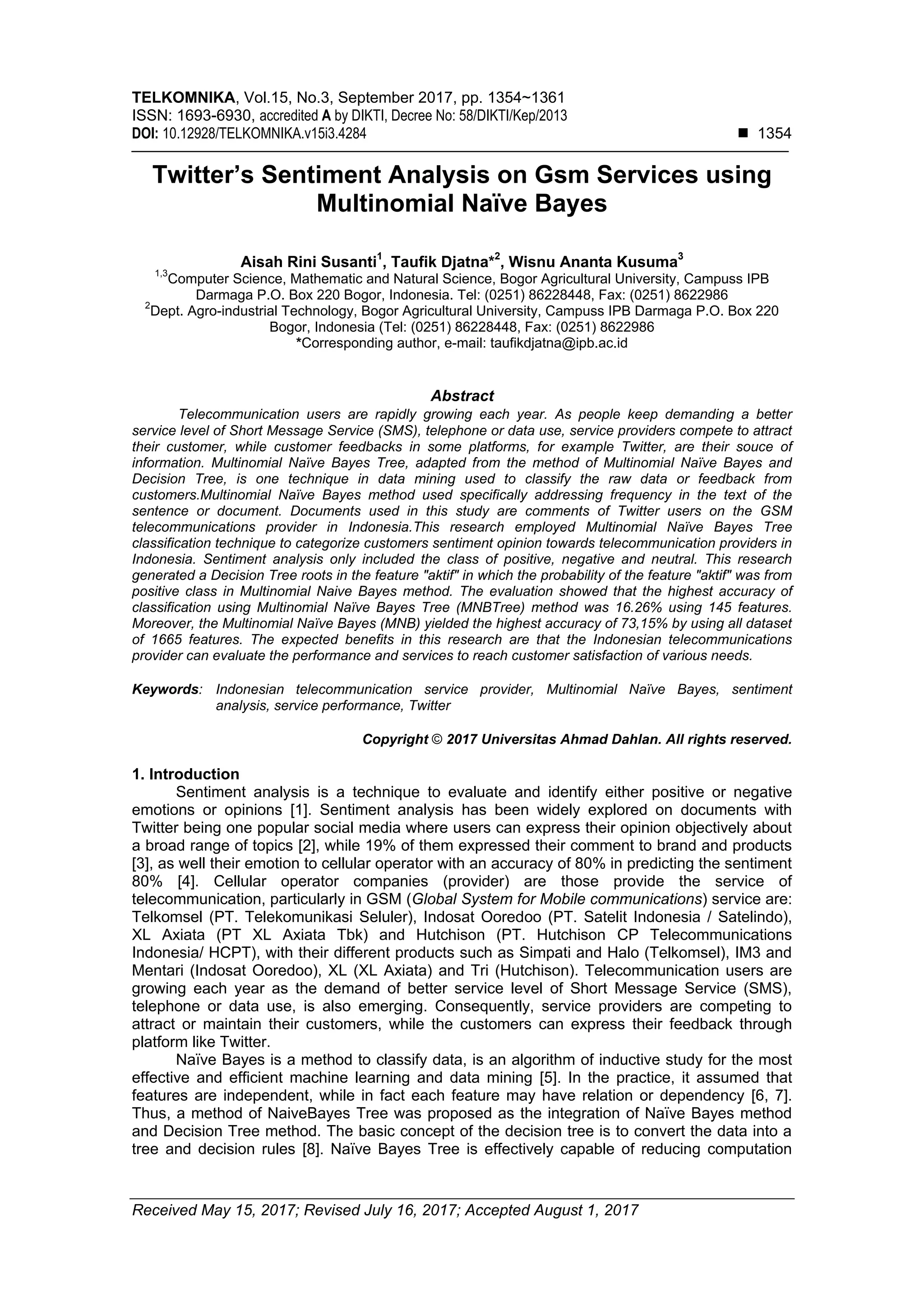 Twitters Sentiment Analysis On Gsm Services Using Multinomial Naïve Bayes Pdf 6236