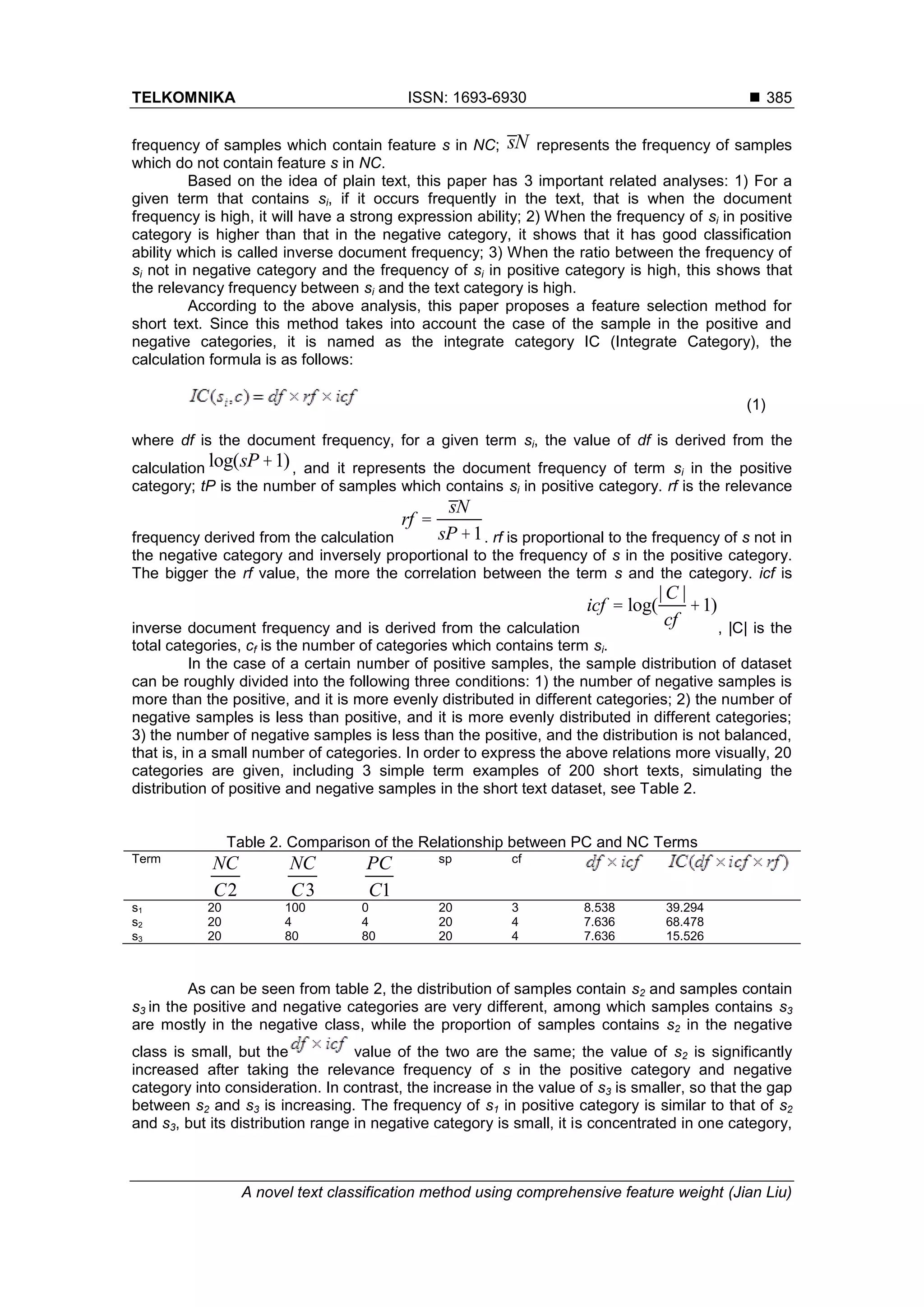 A Novel Text Classification Method Using Comprehensive Feature Weight Pdf Computing