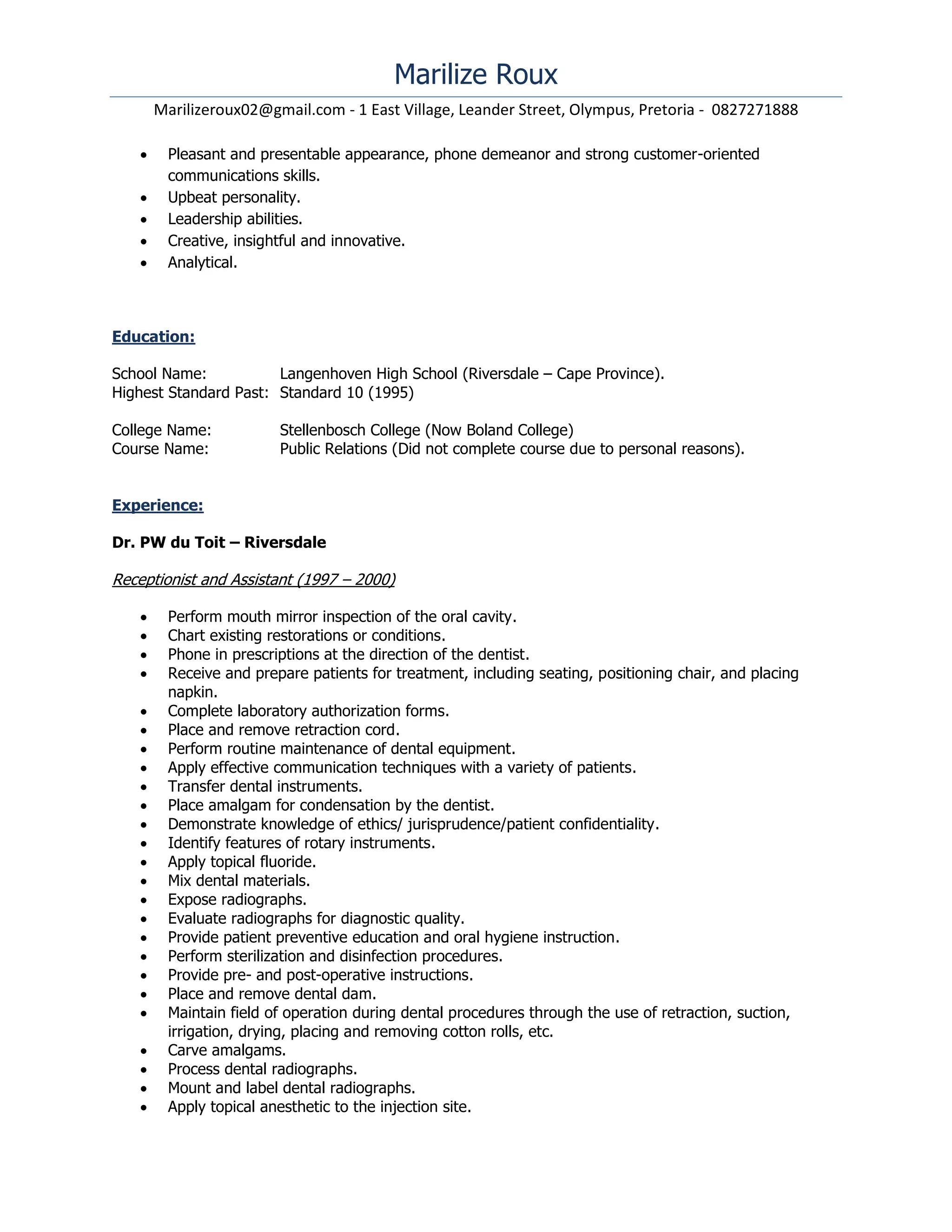 Marilize Roux CV | PDF | Dental Health | Diseases and Conditions