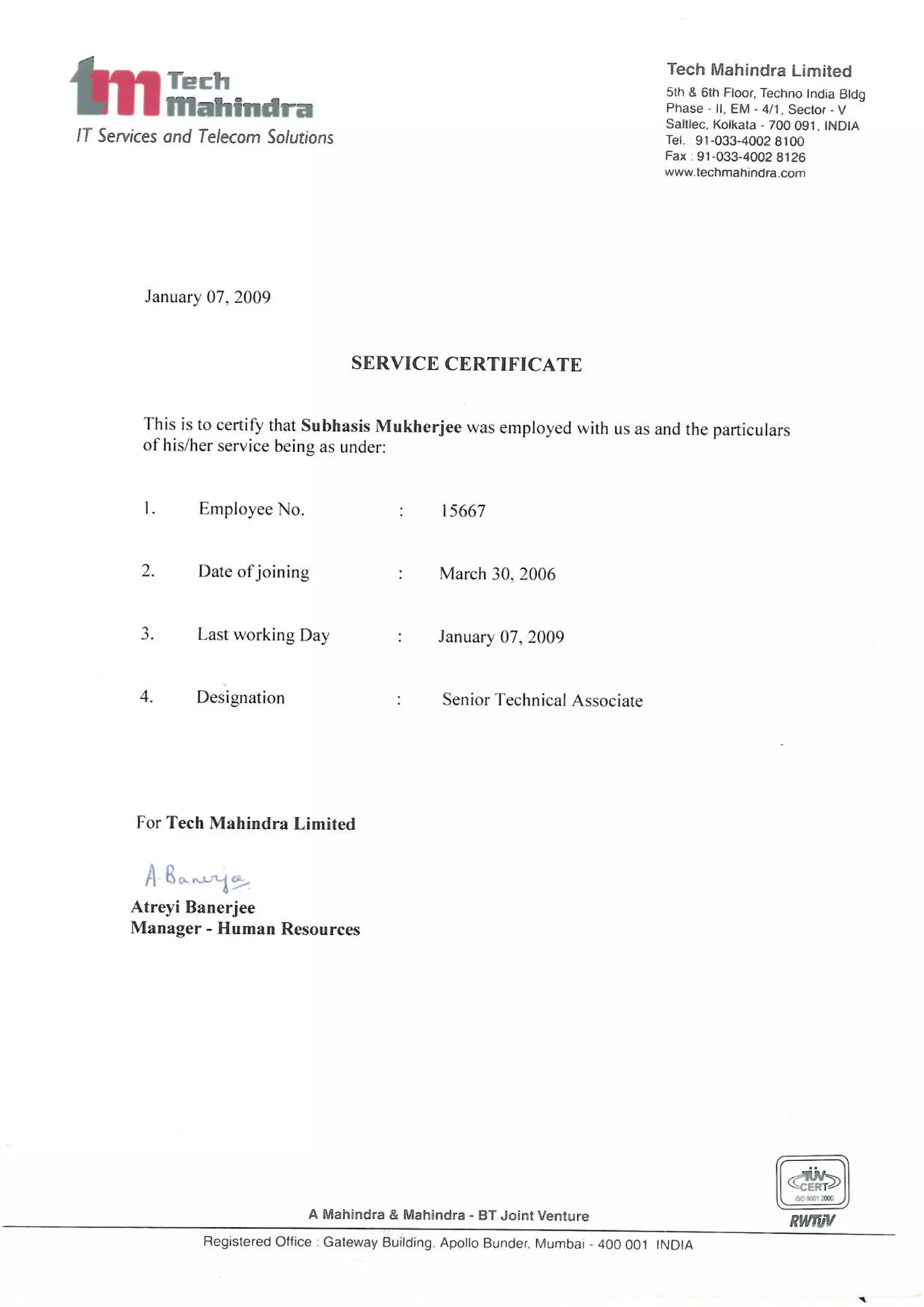 Service Certificate - TechMahindra | PDF
