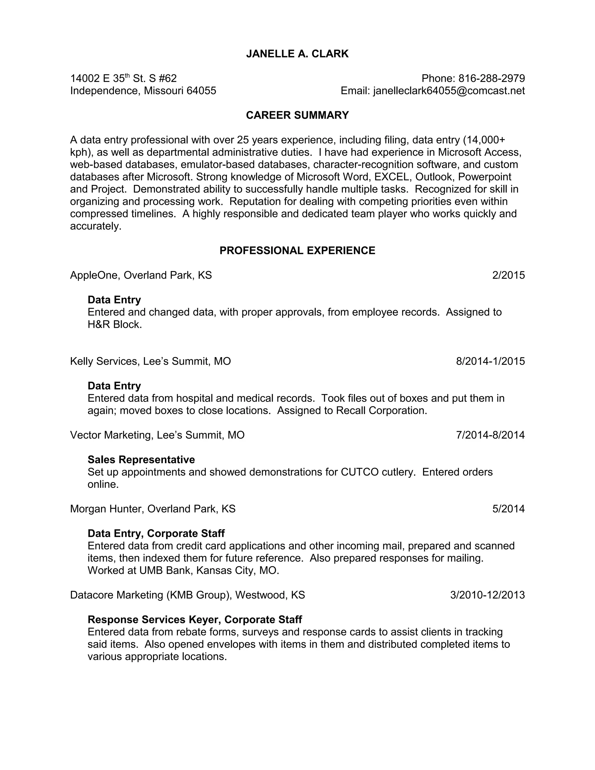 jac data entry resume | DOC