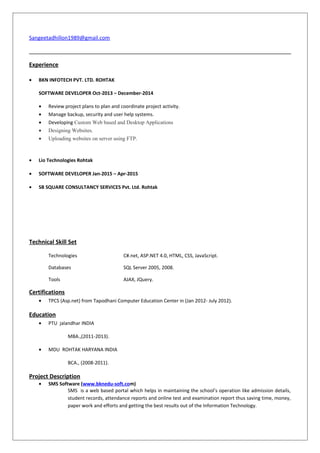 sangeeta Cover Letter With Resume | DOC