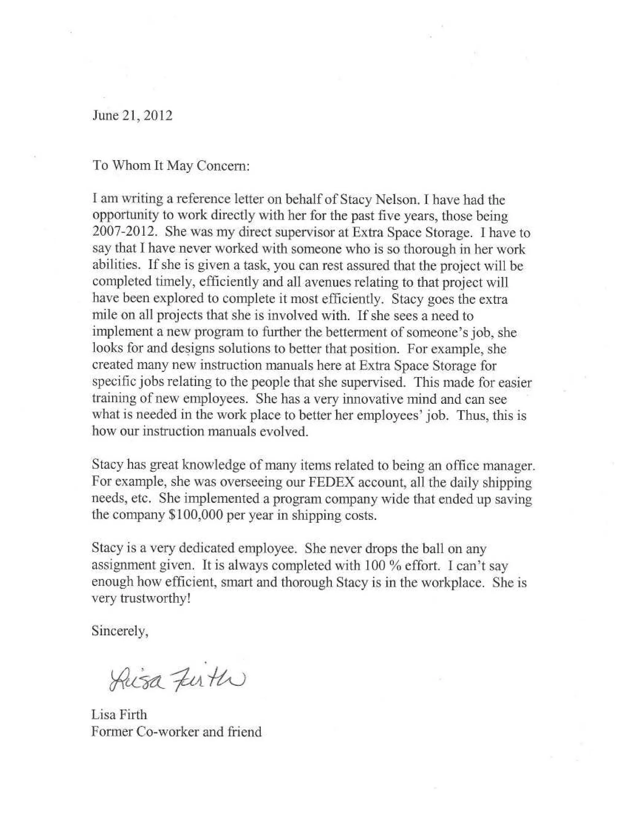 Lisa Firth Letter of Recommendation | PDF
