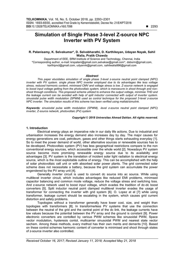 Simulation of Single Phase 3-level Z-source NPC Inverter with PV System | PDF