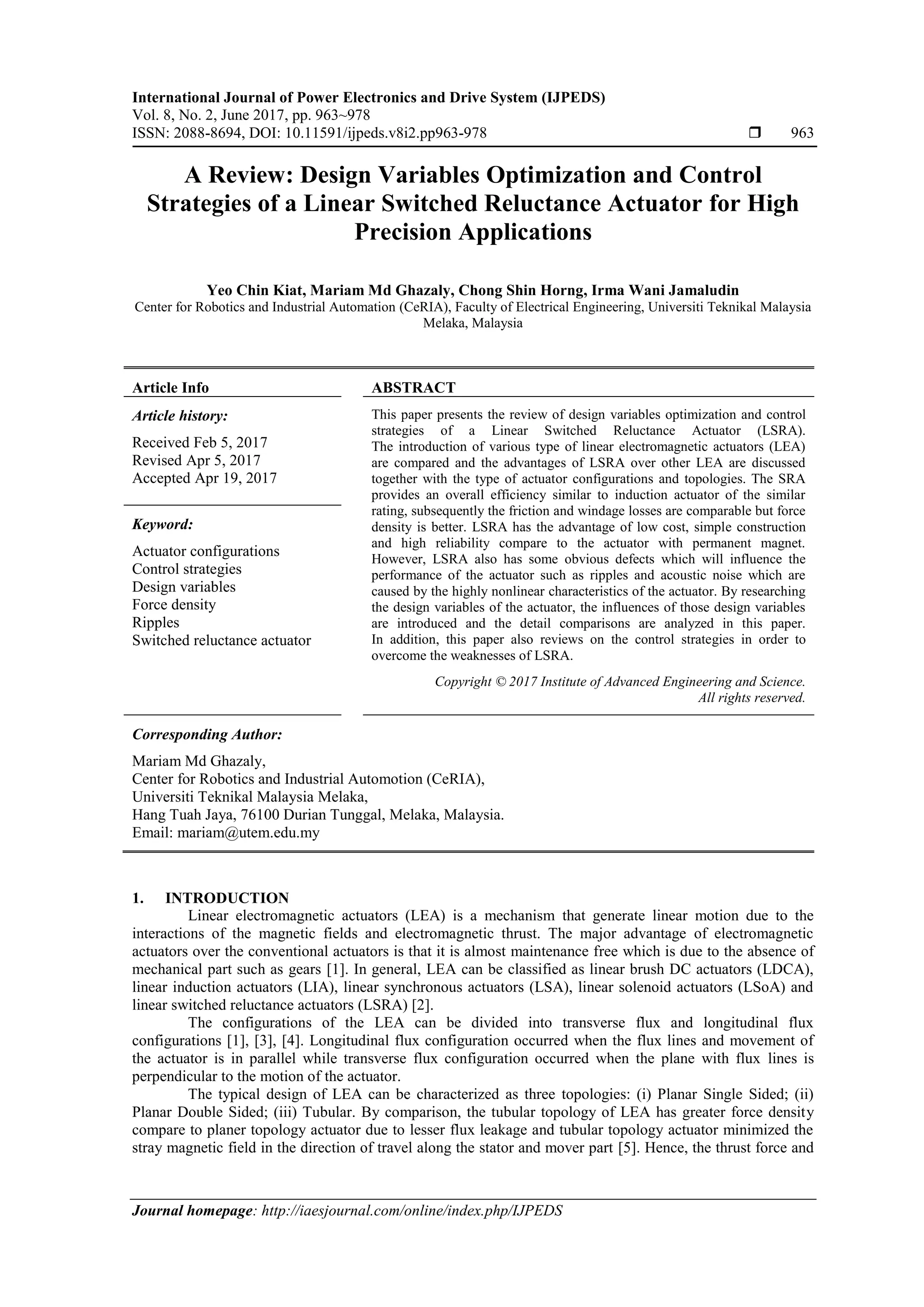A Review Design Variables Optimization And Control Strategies Of A Linear Switched Reluctance