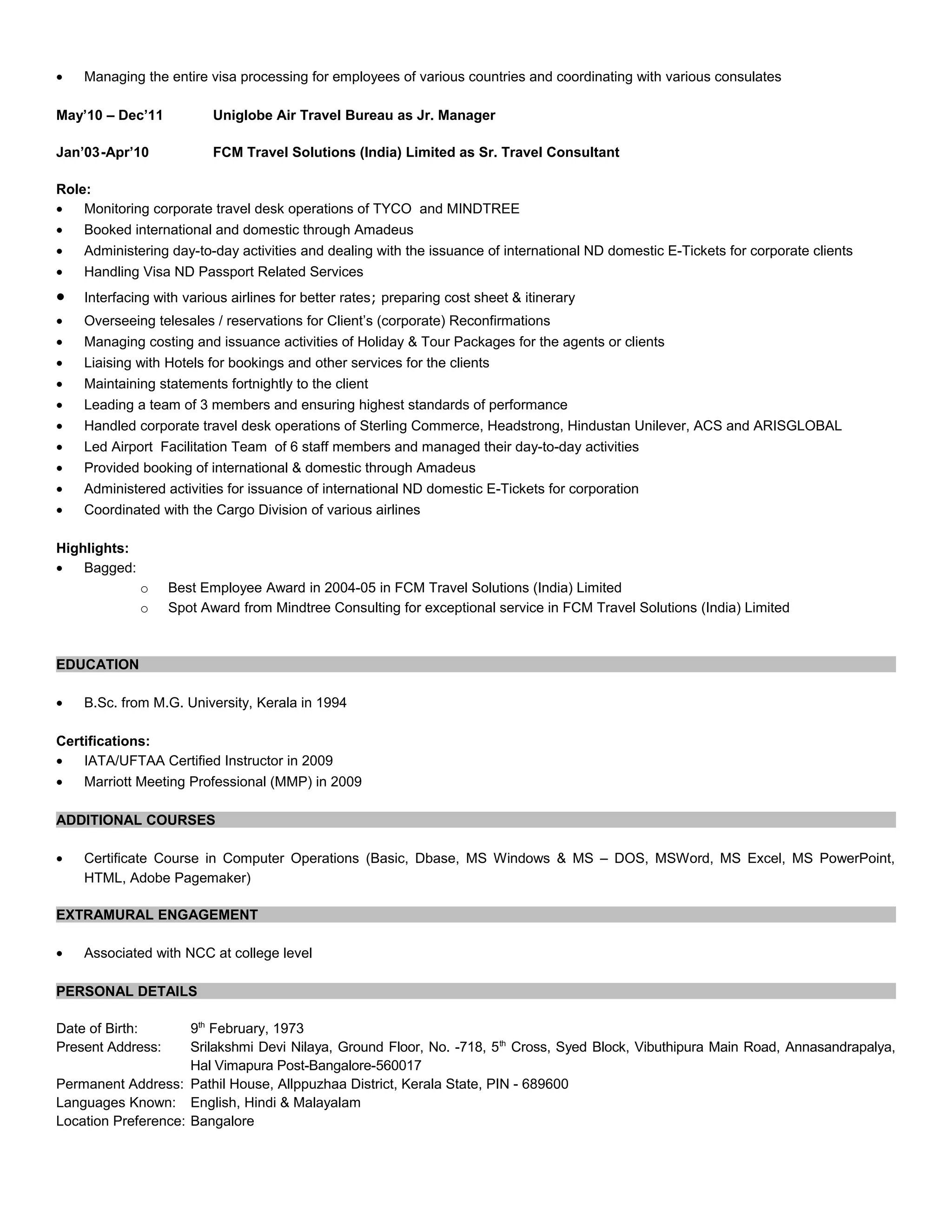 Resume | DOC | Business Travel | Travel Type