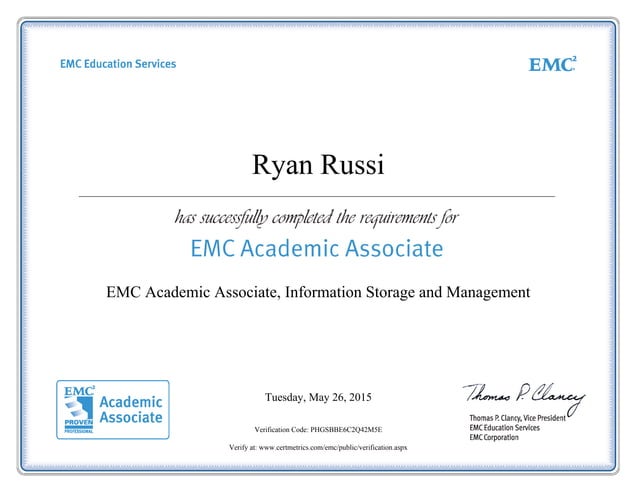 EMC Academic Associate, Information Storage and Management certificate ...